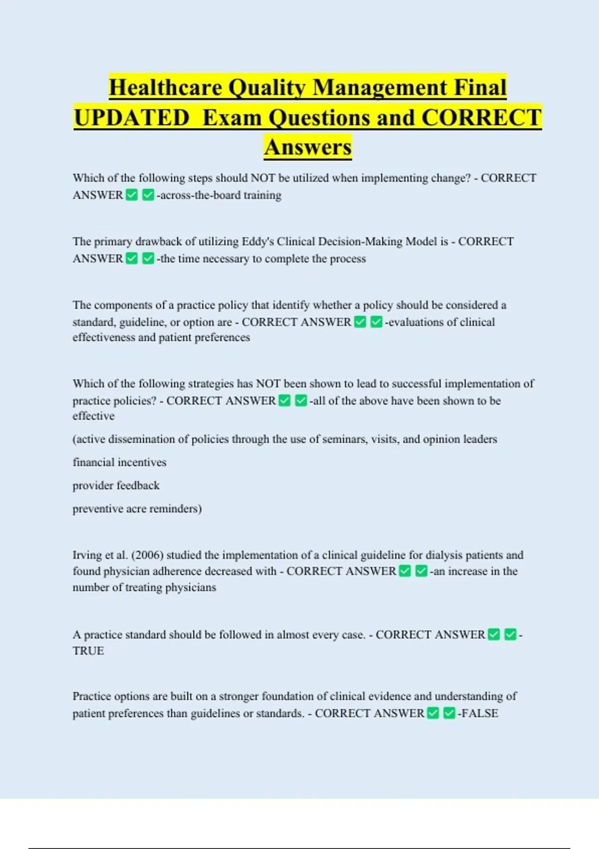 Healthcare Quality Management Final UPDATED Exam Questions and CORRECT ...