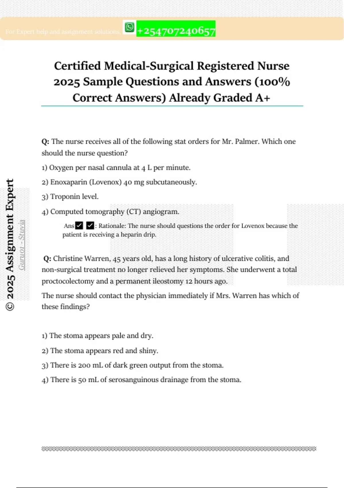 Certified Medical-Surgical Registered Nurse 2025 Sample Questions and ...