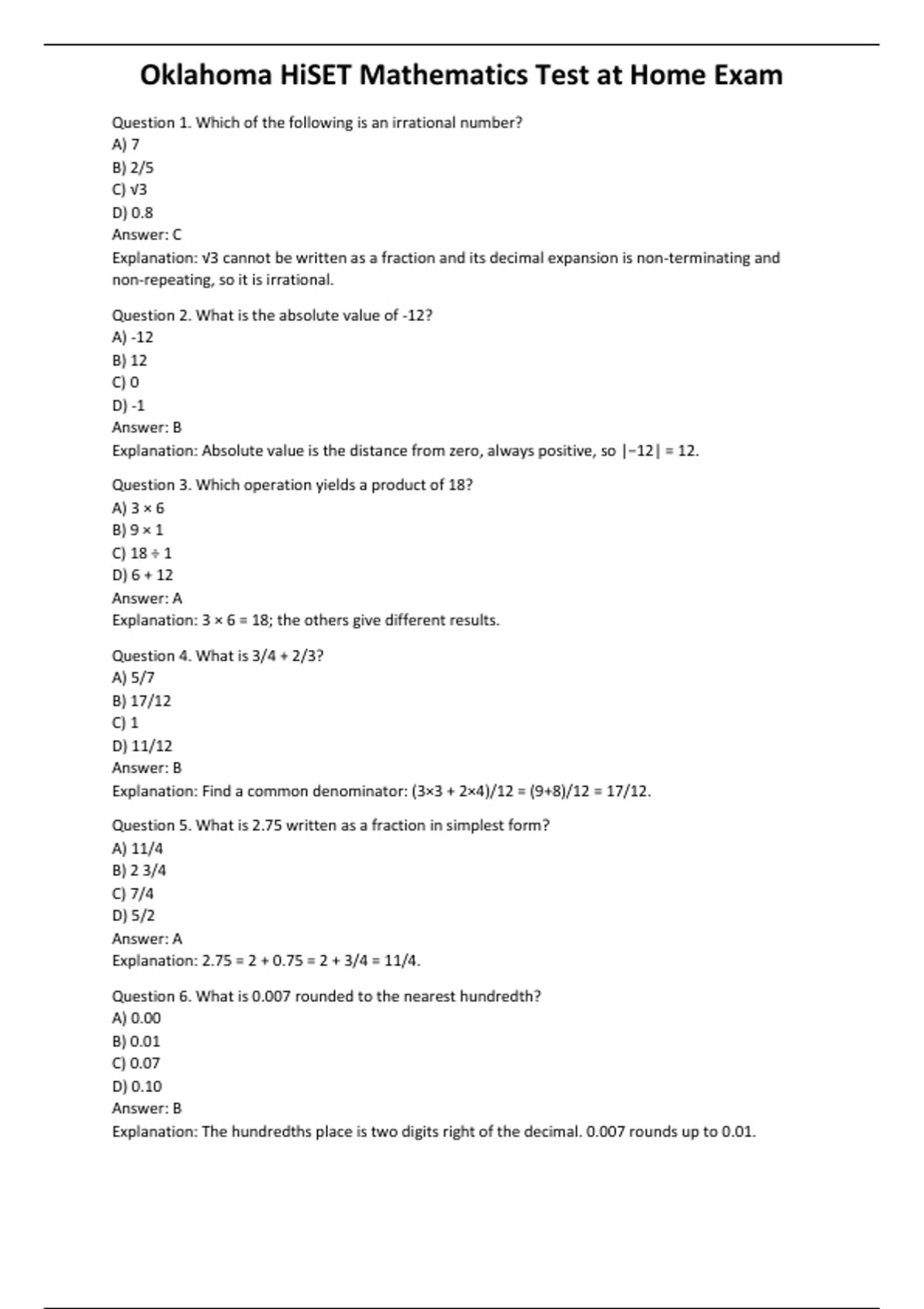 Oklahoma HiSET Mathematics Test at Home Exam - Computers - Stuvia US
