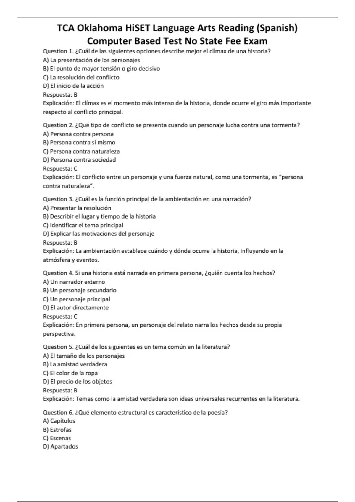 TCA Oklahoma HiSET Language Arts Reading (Spanish) Computer Based Test ...