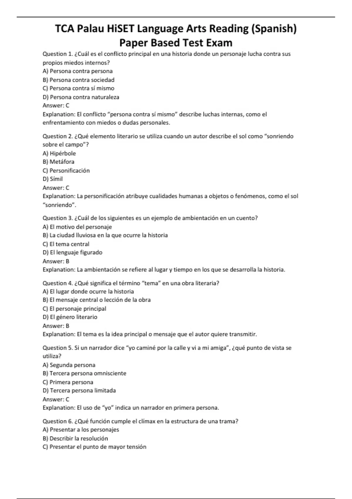 TCA Palau HiSET Language Arts Reading (Spanish) Paper Based Test Exam ...