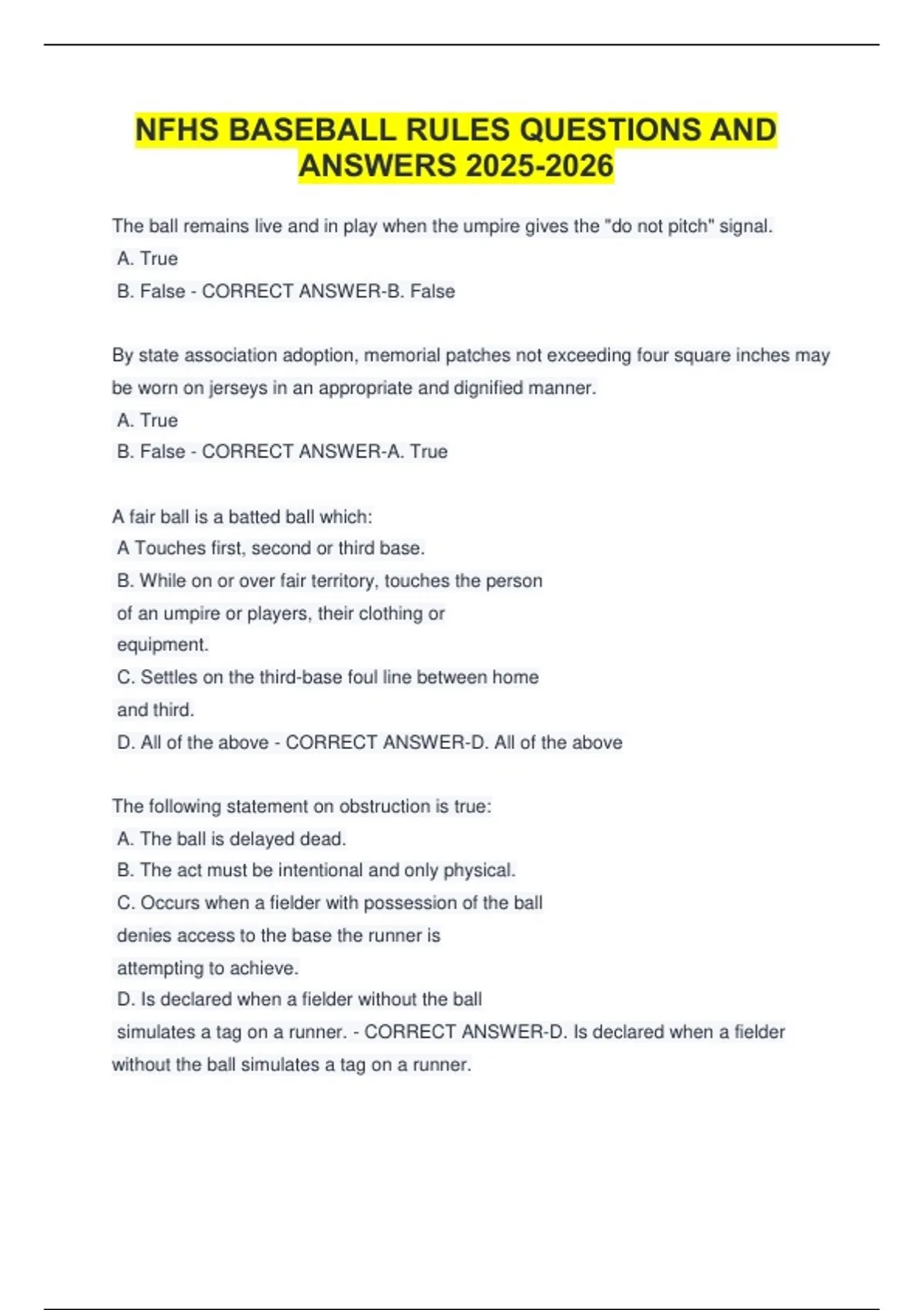 NFHS Baseball Rules Questions and answers - NFHS Baseball - Stuvia US