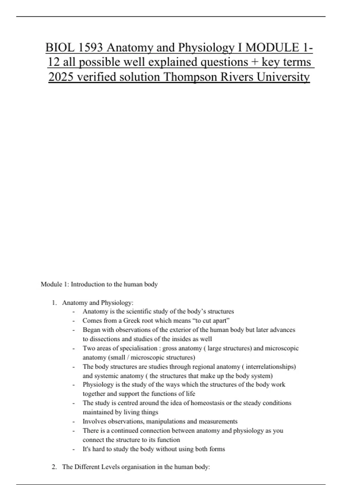 BIOL 1593 Anatomy and Physiology I MODULE 1-12 all possible well ...