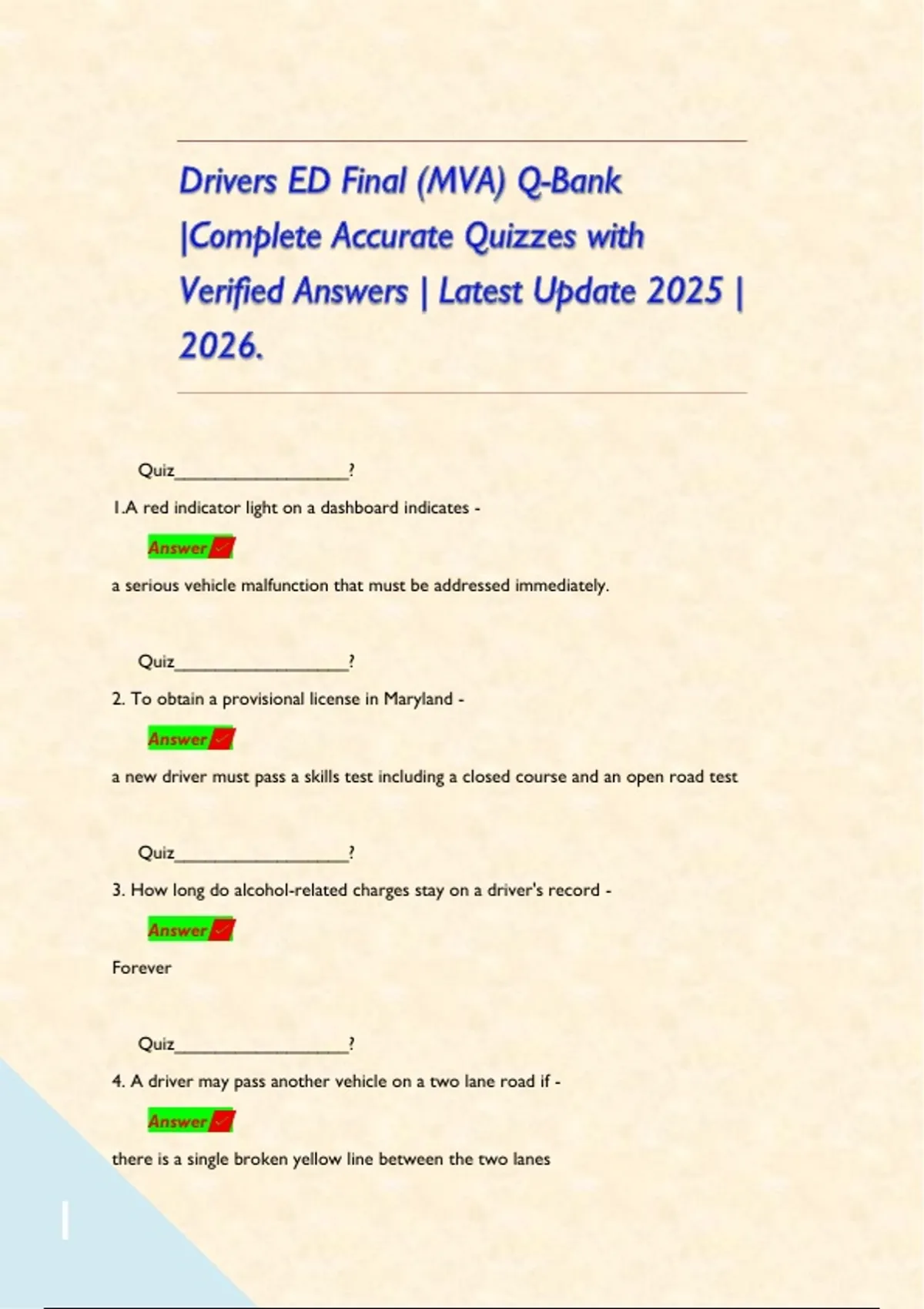 Drivers ED Final (MVA) Q-Bank |Complete Accurate Quizzes with Verified ...