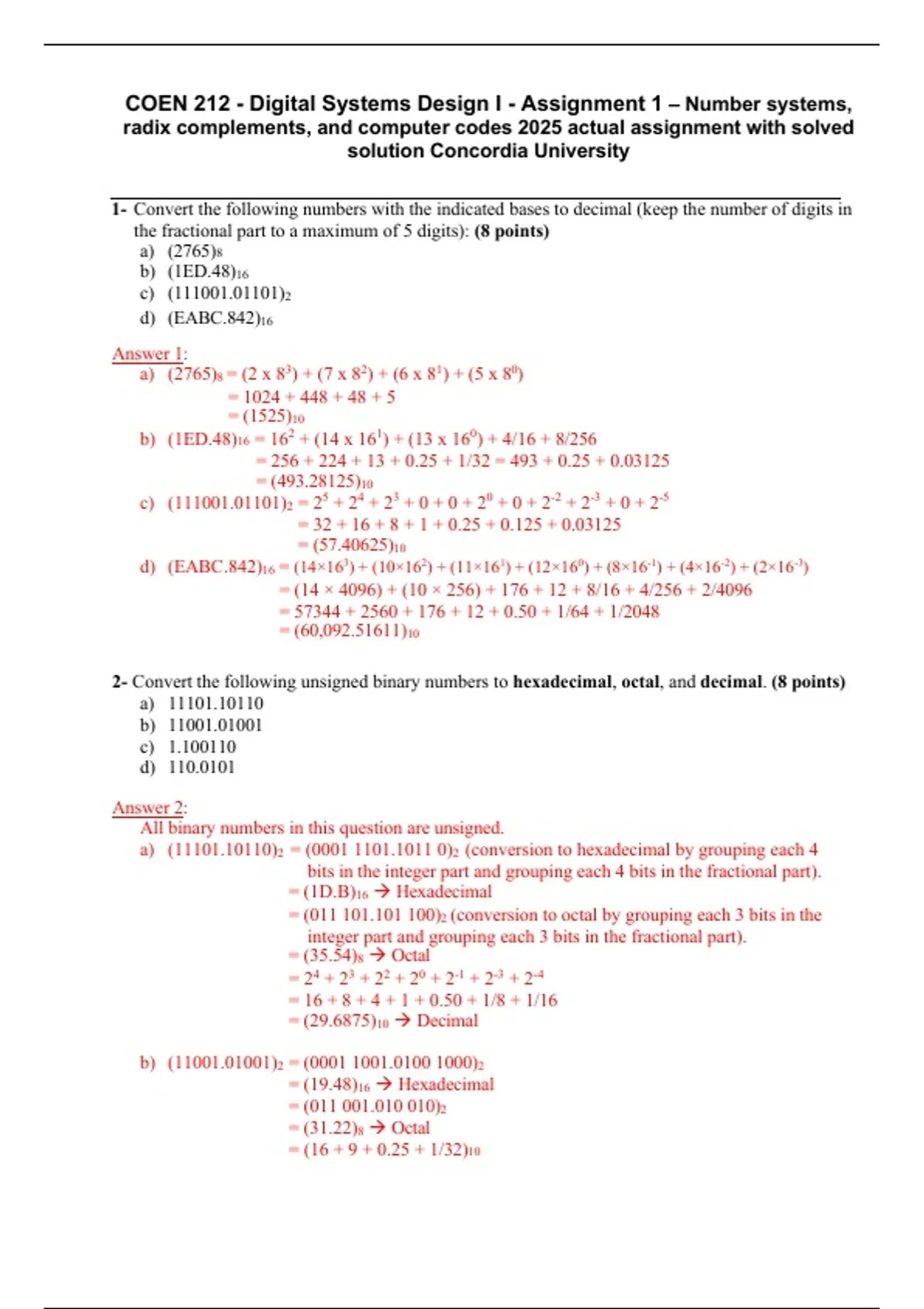 COEN 212 - Digital Systems Design I - Assignment 1 – Number systems, radix complements, and ...