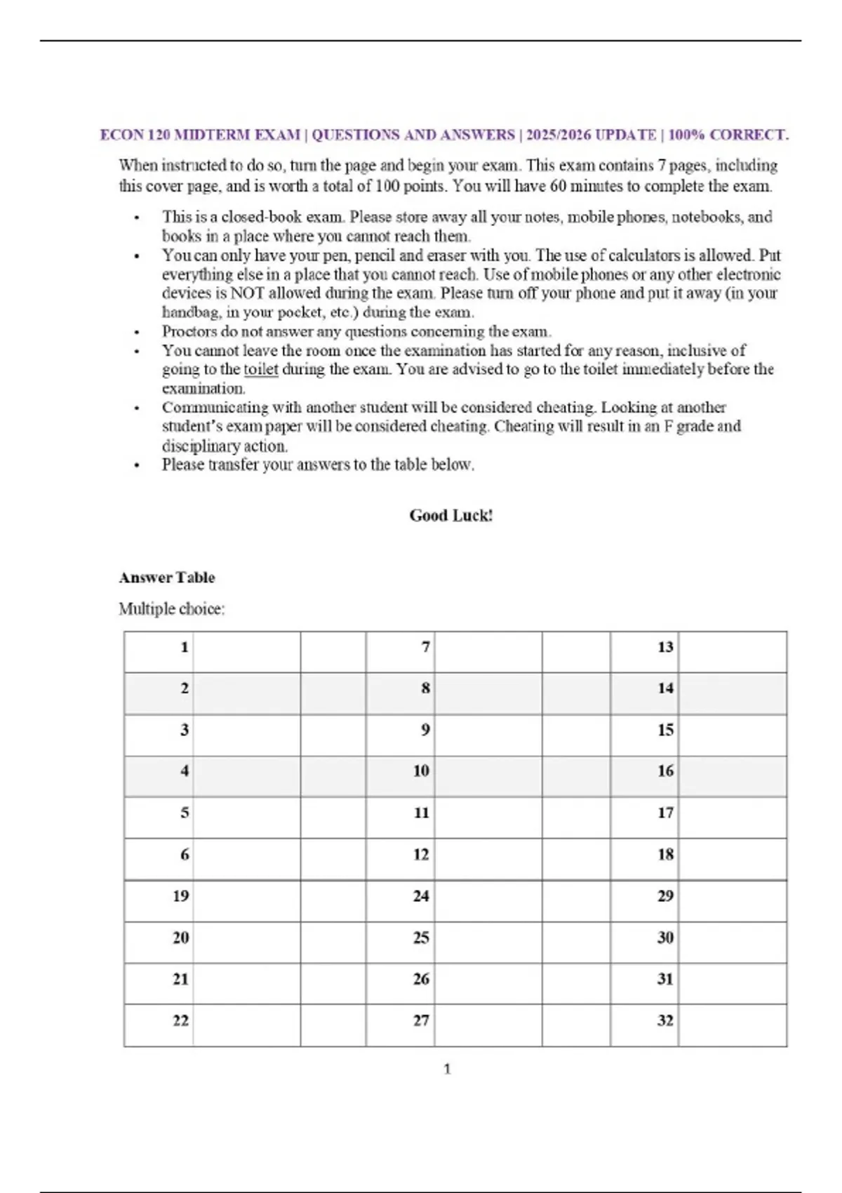 ECON 120 MIDTERM EXAM | QUESTIONS AND ANSWERS | 2025/2026 UPDATE | 100% ...