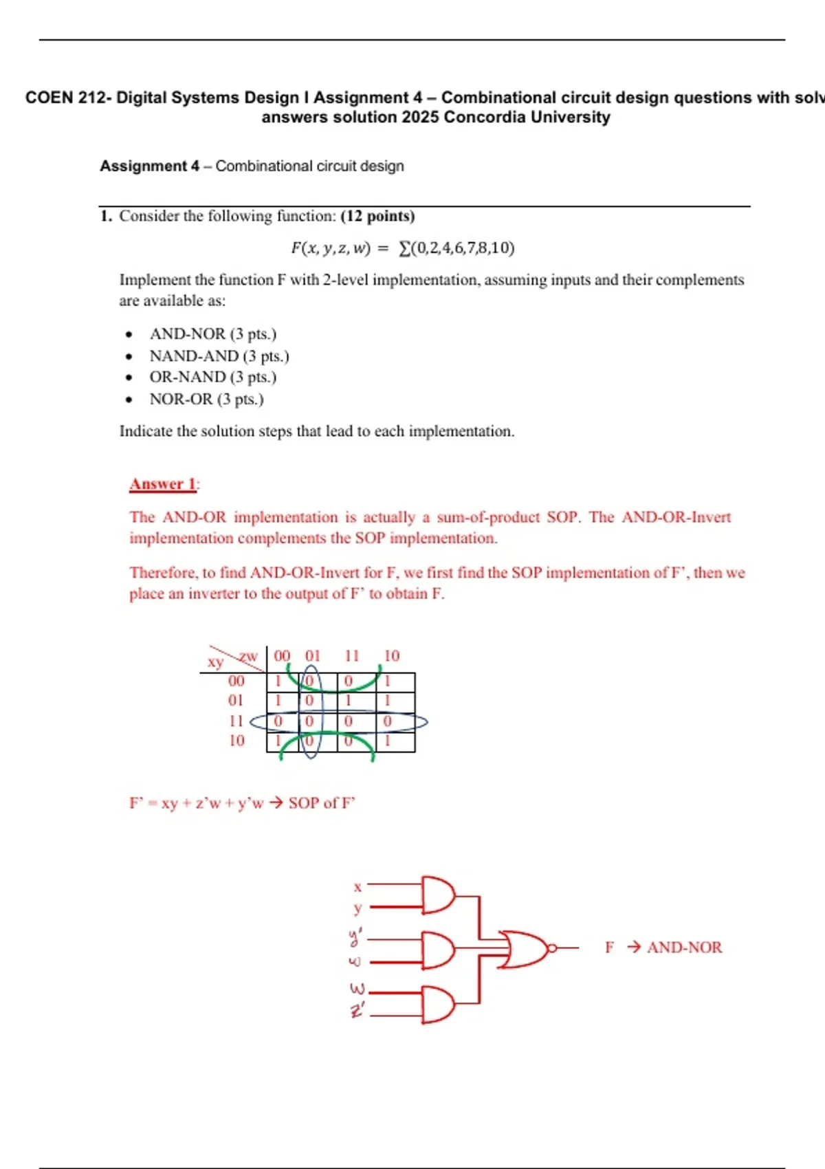 COEN 212- Digital Systems Design I Assignment 4 – Combinational circuit design questions with ...