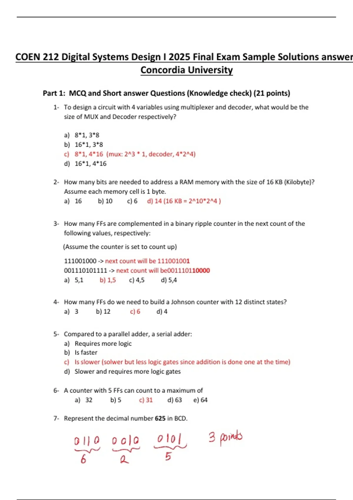 COEN 212 Digital Systems Design I 2025 Final Exam Sample Solutions ...