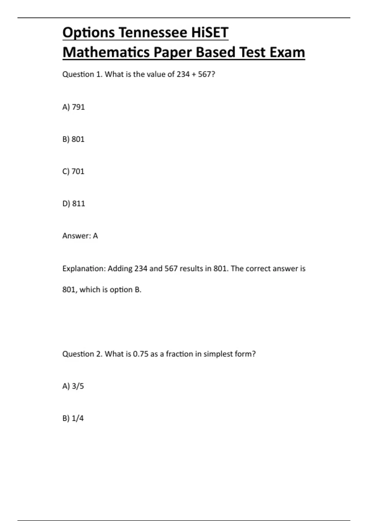 Options Tennessee HiSET Mathematics Paper Based Test Exam - Computers ...