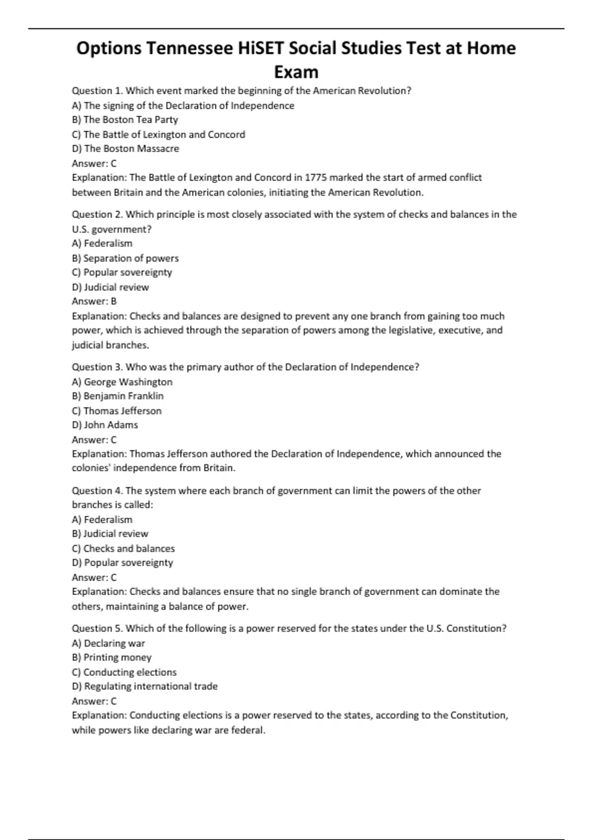 Options Tennessee HiSET Social Studies Test at Home Exam - Computers ...