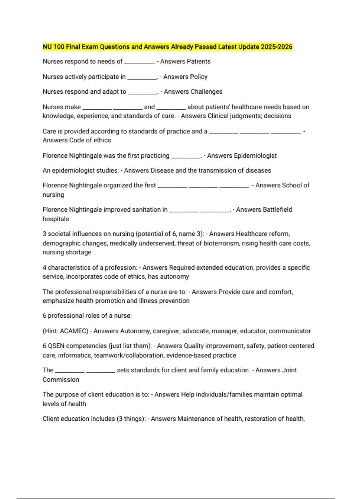 NU 100 Final Exam Questions and Answers Already Passed Latest Update ...