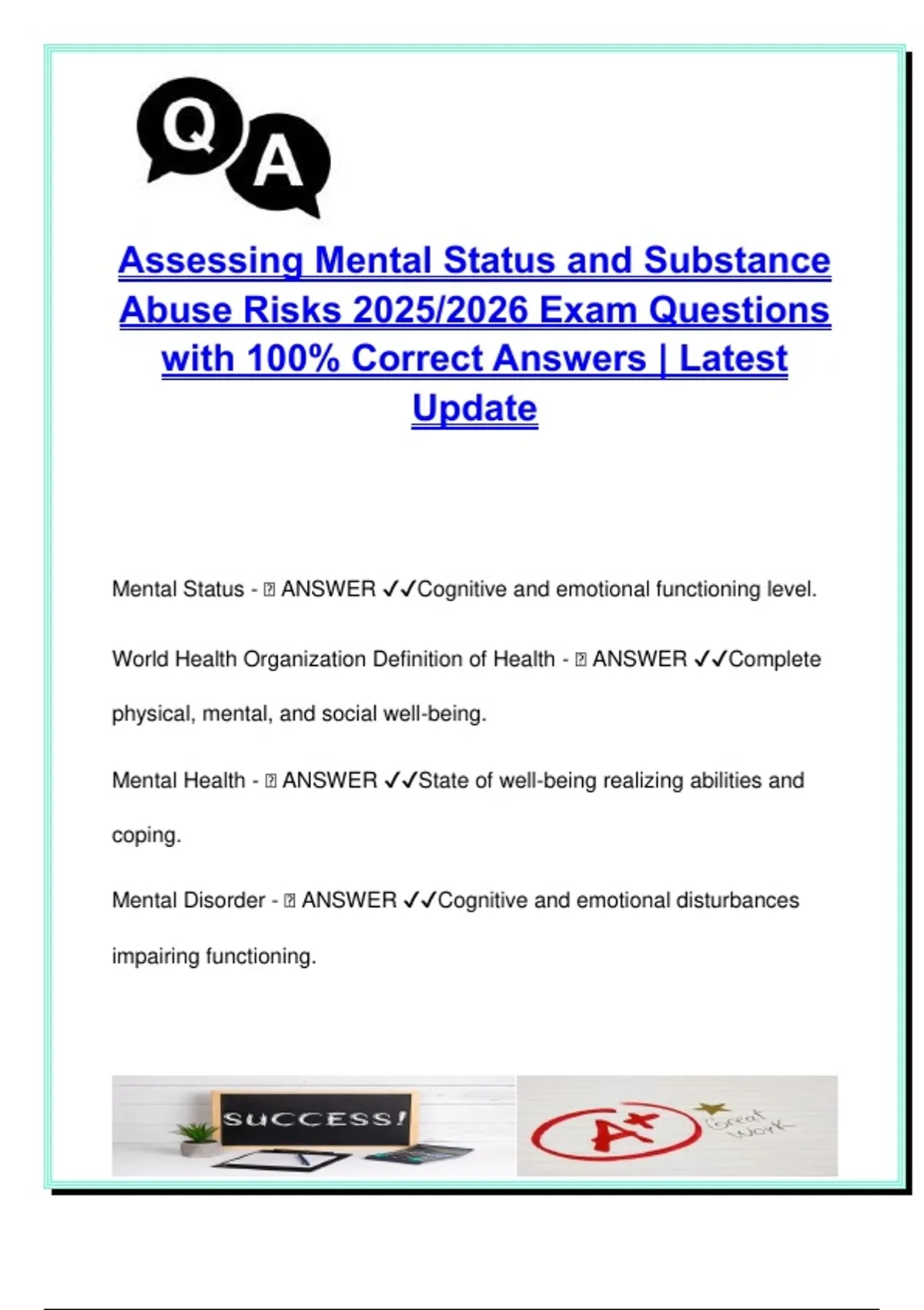 Assessing Mental Status & Substance Abuse – 60+ Solved Questions 2025/ ...