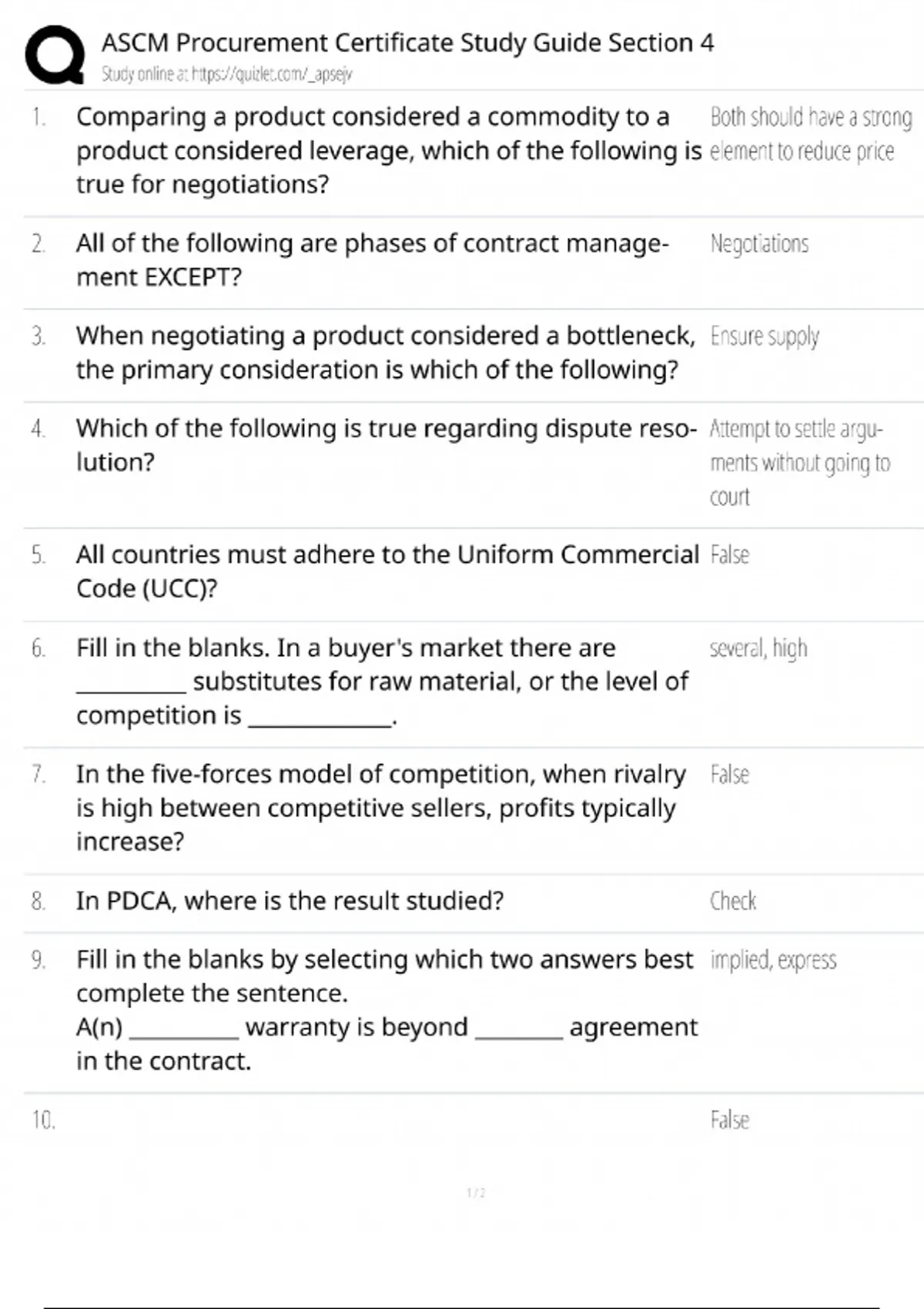 ASCM Procurement Certificate / Study Guide Section 4 & Practice Test ...