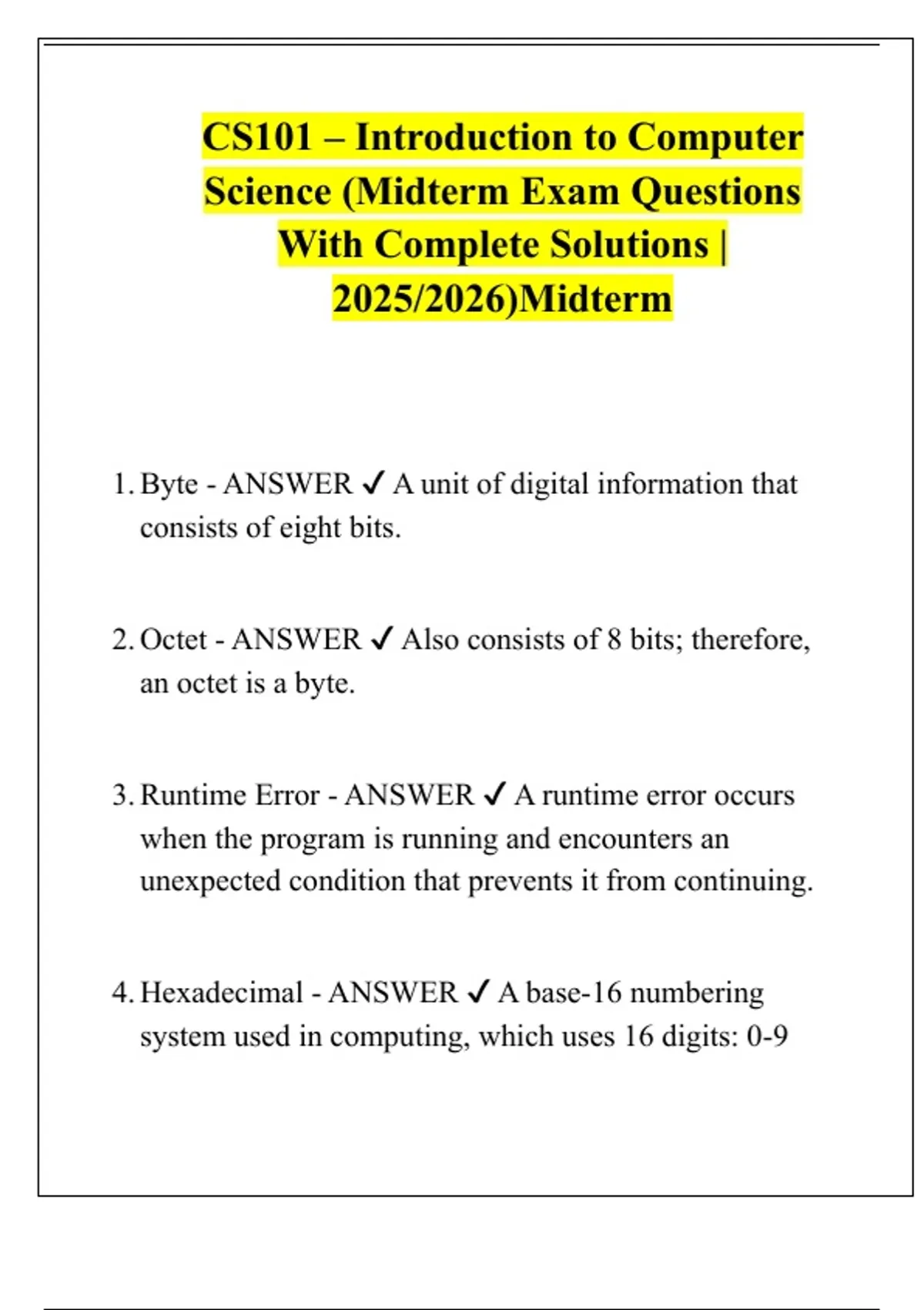 CS101 – Introduction to Computer Science (Midterm Exam Questions With Complete Solutions | 2025/ ...