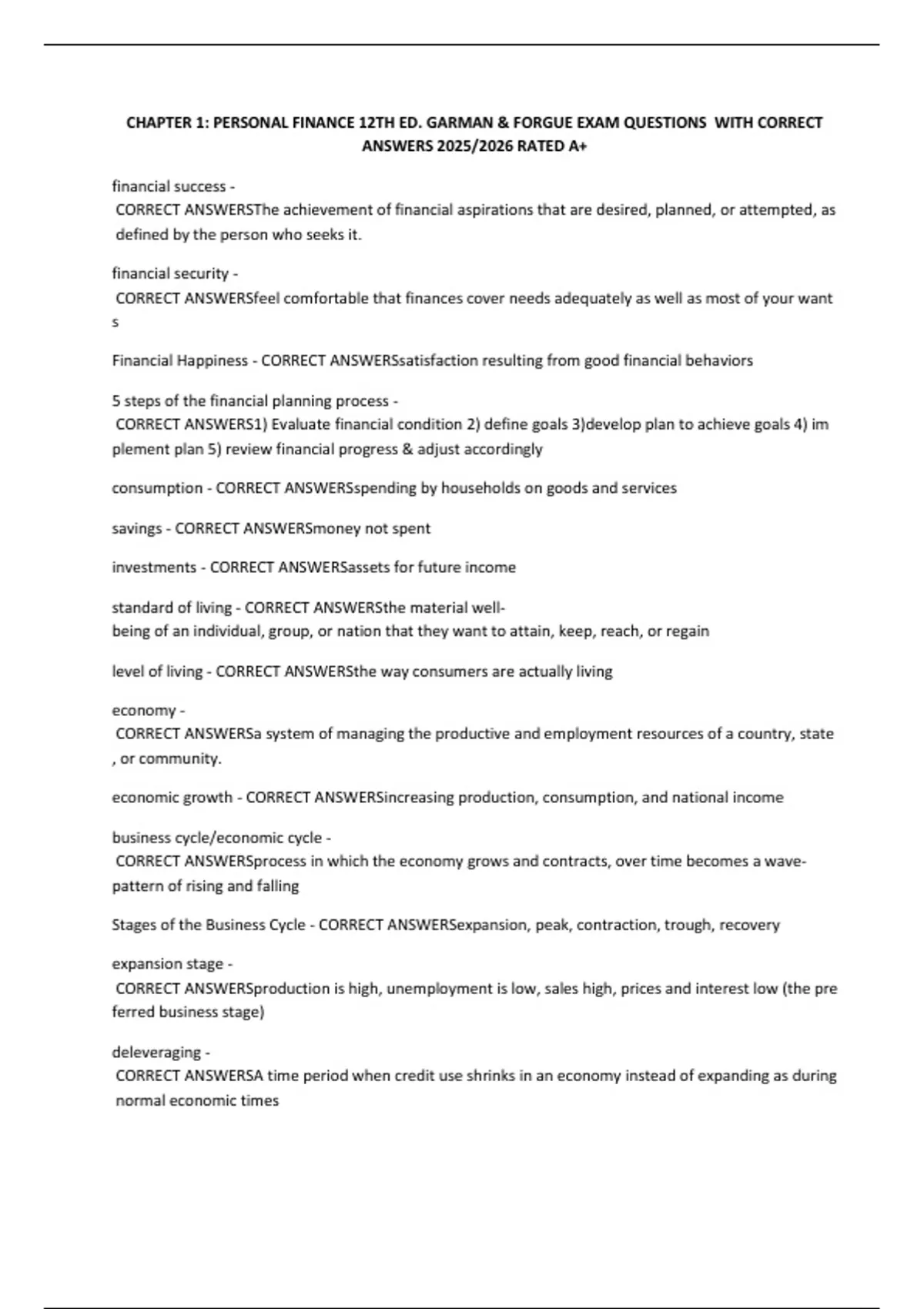 CHAPTER 1 PERSONAL FINANCE 12TH ED. GARMAN & FORGUE EXAM QUESTIONS WITH ...