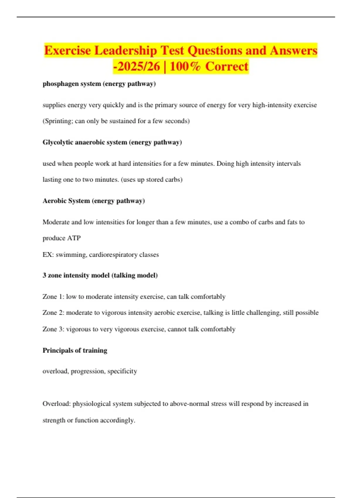 Exercise Leadership Test Questions and Answers -2025/26 | 100% Correct ...