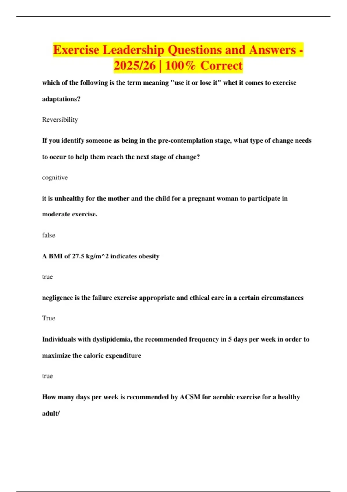 Exercise Leadership Questions and Answers - 2025/26 | 100% Correct ...