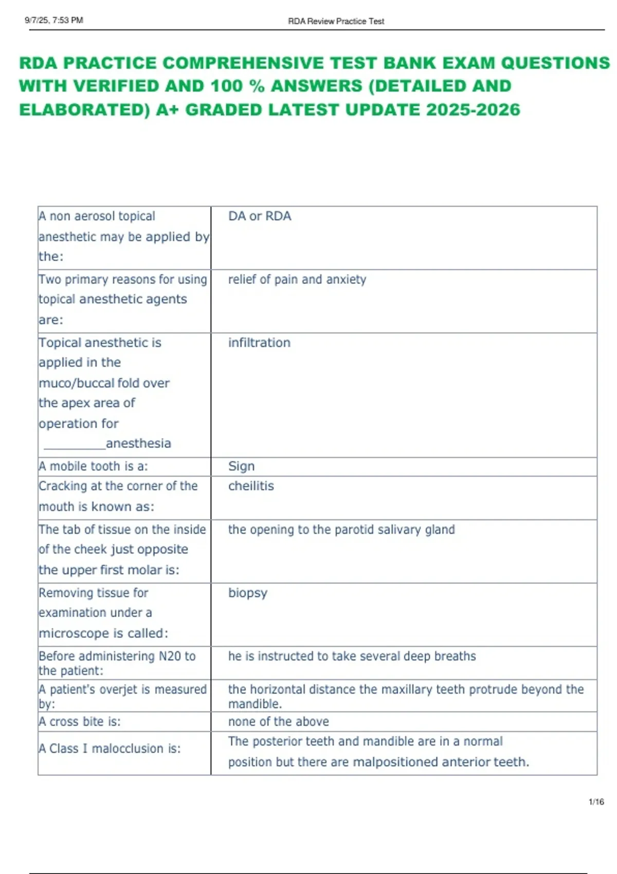 RDA PRACTICE COMPREHENSIVE TEST BANK EXAM QUESTIONS WITH VERIFIED AND ...