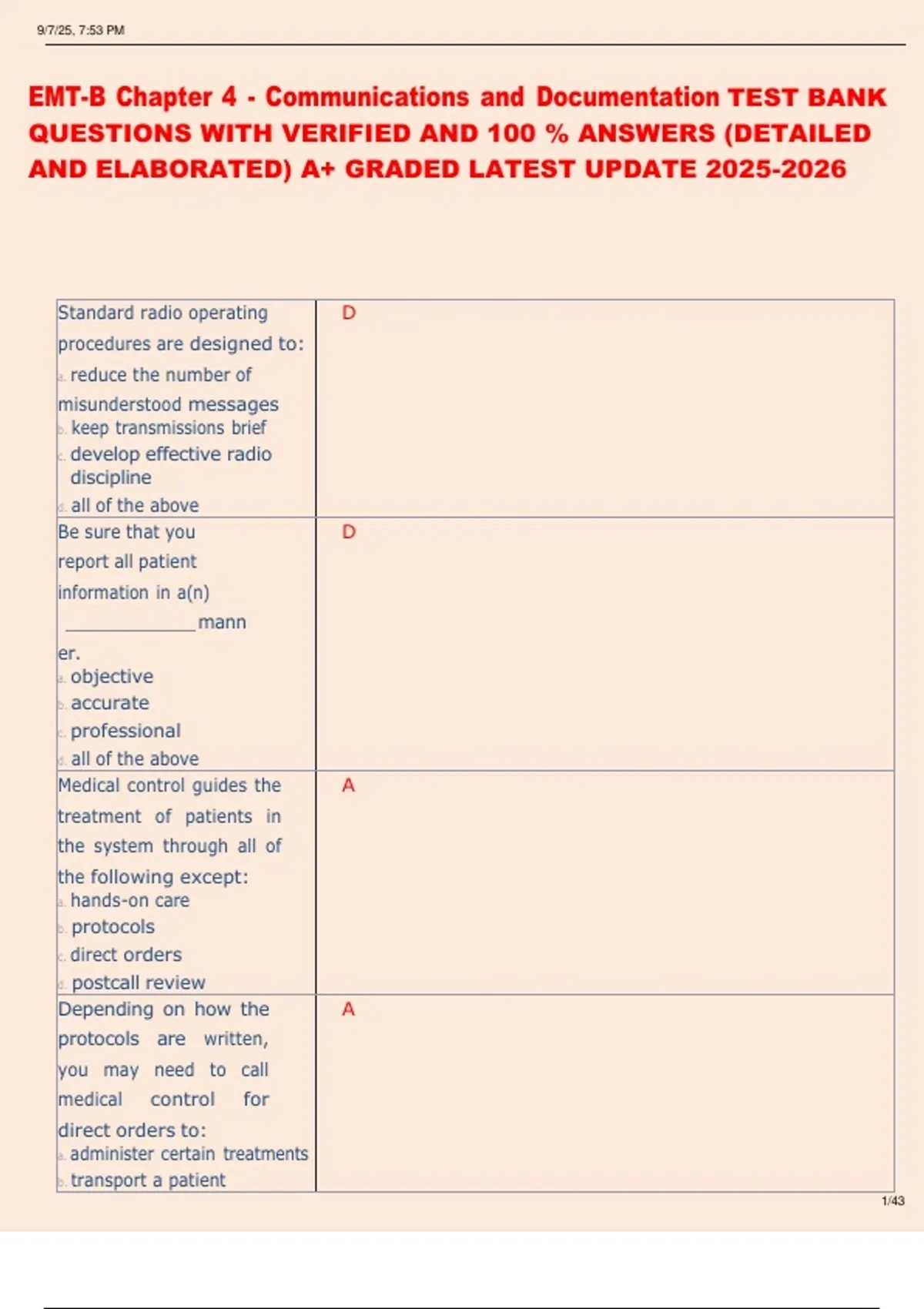 EMT-B Chapter 4 - Communications and Documentation TEST BANK QUESTIONS ...