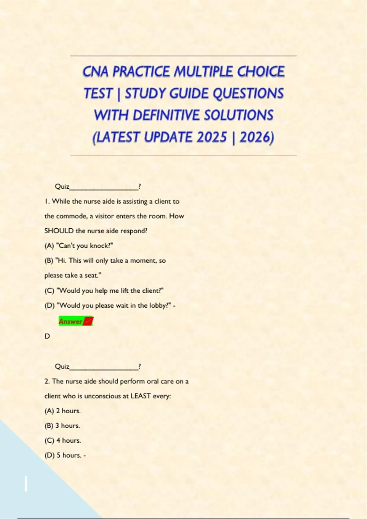 CNA PRACTICE MULTIPLE CHOICE TEST | STUDY GUIDE QUESTIONS WITH ...