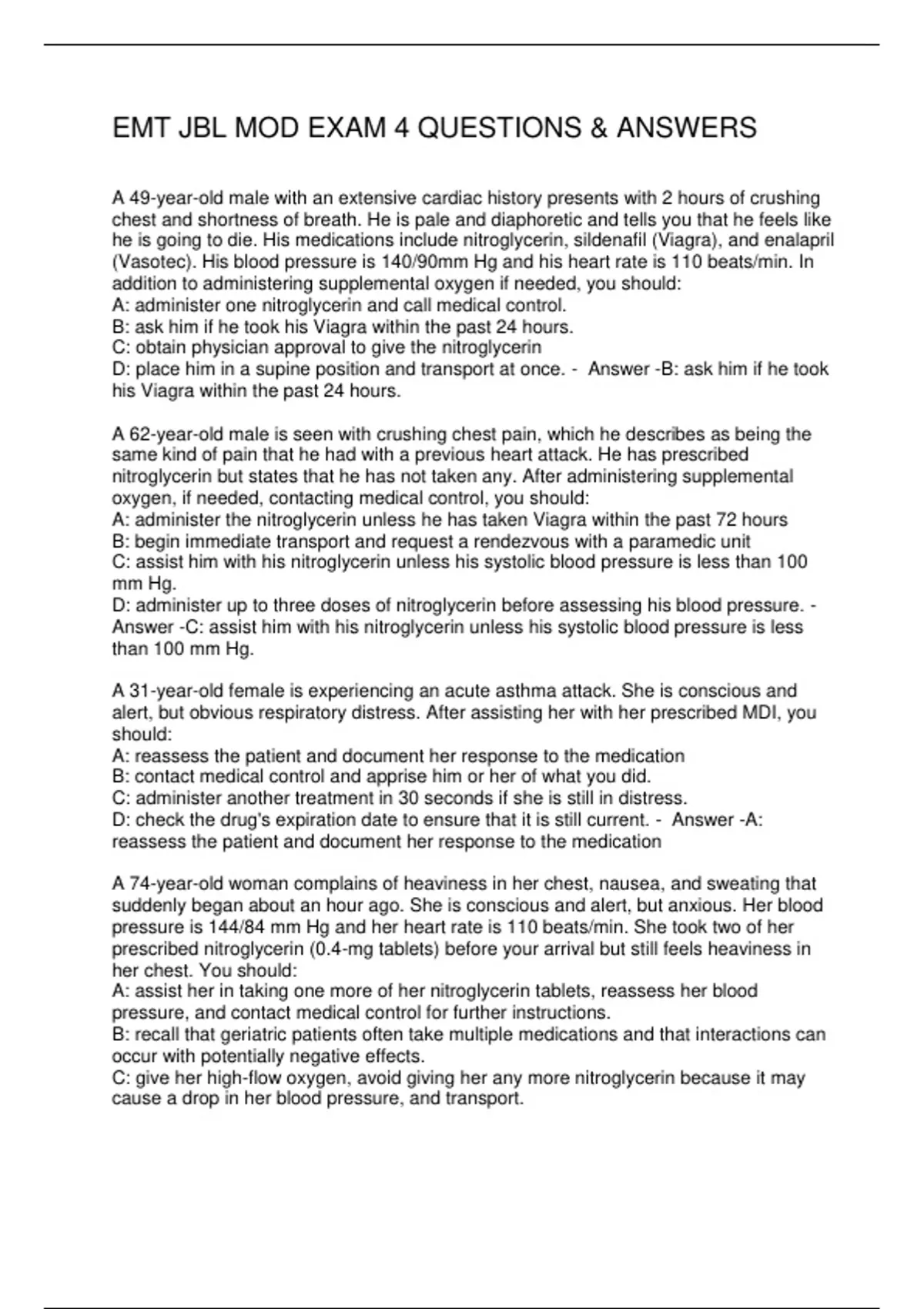 EMT JBL MOD EXAM 4 QUESTIONS & ANSWERS - EMT JBL - Stuvia US