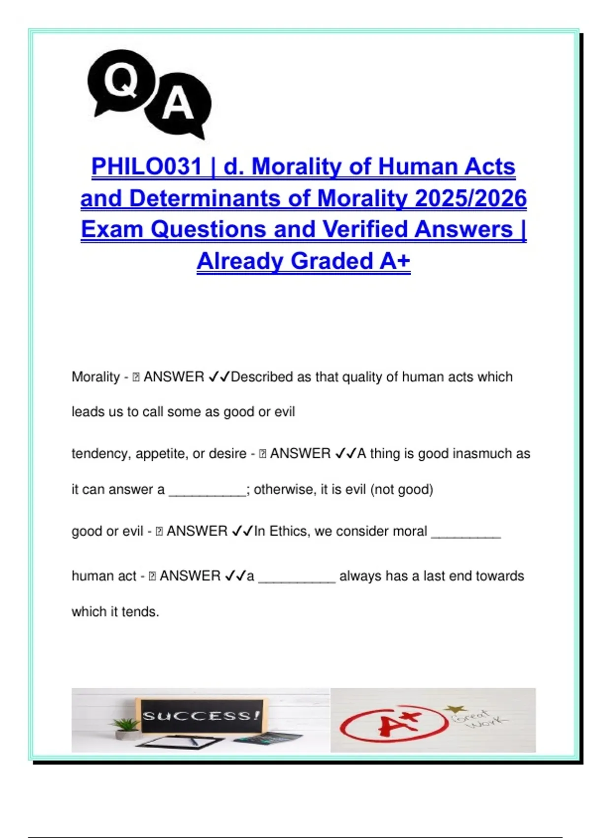 PHILO031 Ethics – 40 Exam Questions with Verified Answers on Morality ...