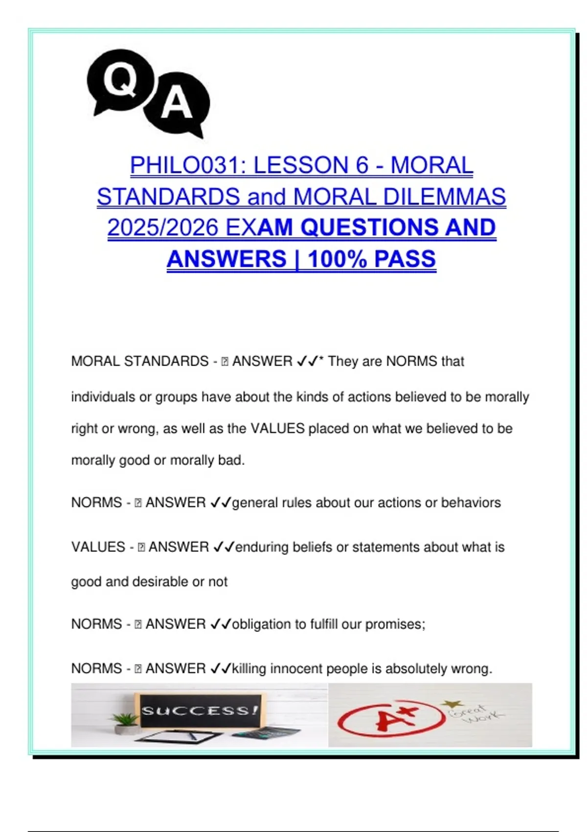 PHILO031 Ethics – 45 Exam Questions with Verified Answers on Moral ...