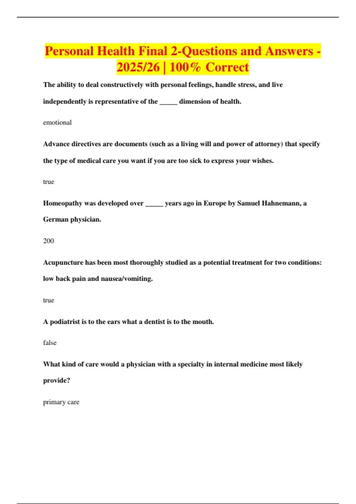 Personal Health Final 2-Questions and Answers - 2025/26 | 100% Correct ...