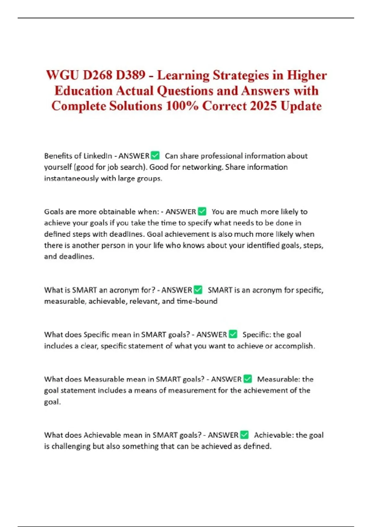 WGU D389 - Learning Strategies in Higher Education Actual Questions and ...