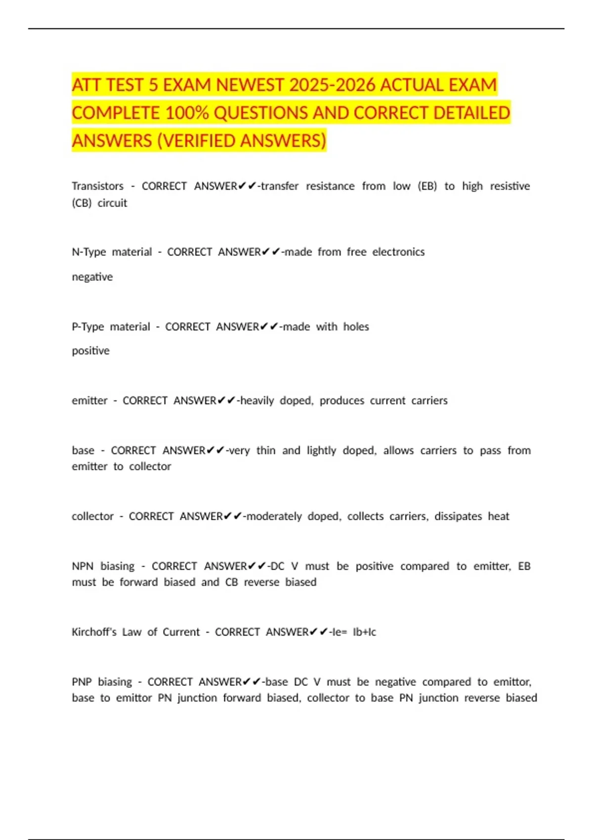 ATT TEST 5 EXAM NEWEST ACTUAL EXAM COMPLETE 100- QUESTIONS AND CORRECT ...