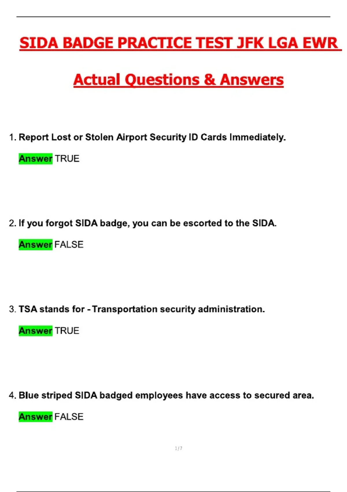 SIDA Badge Practice Test JFK -LGA -EWR Actual (Latest 2025 / 2026 ...