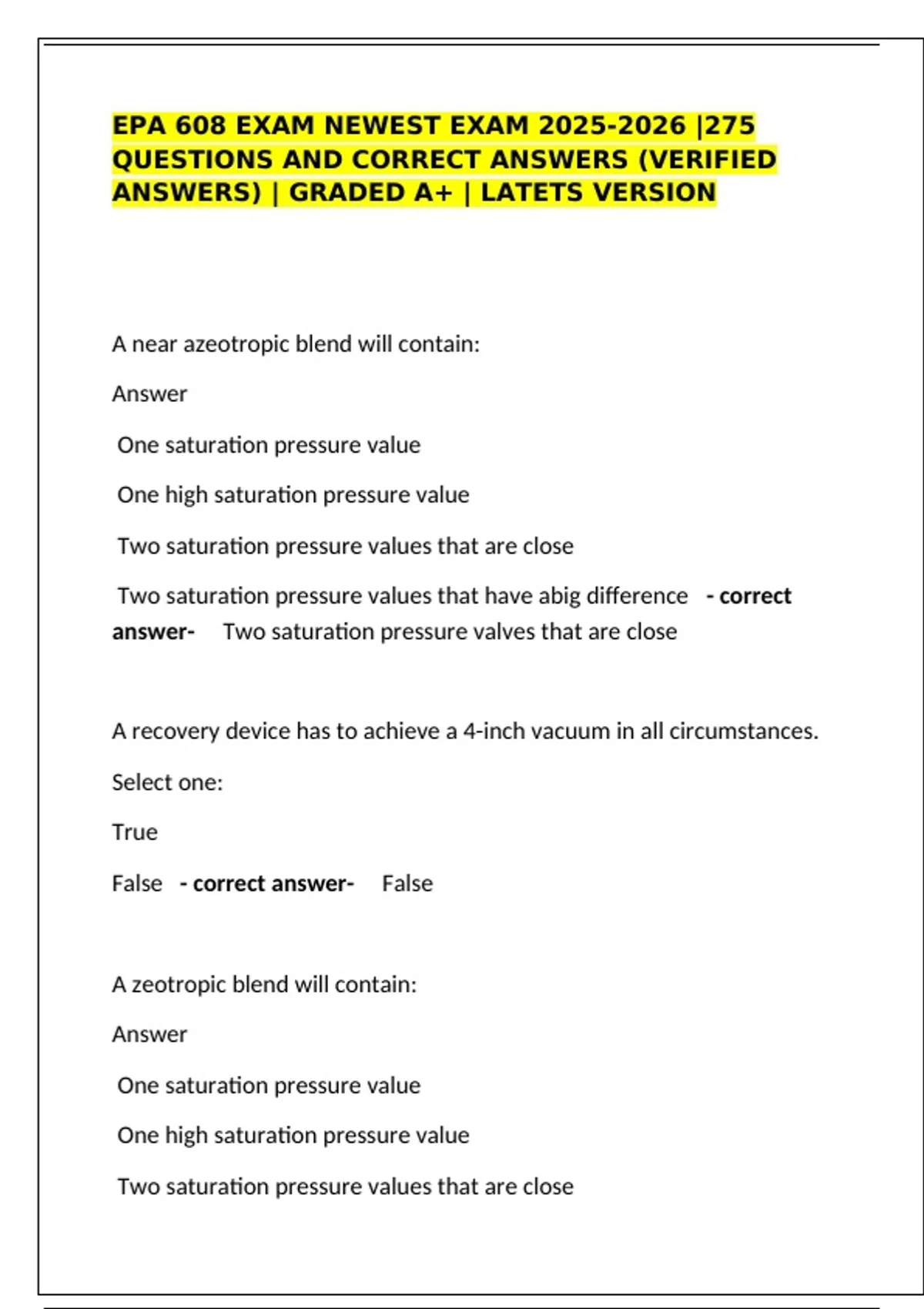 EPA 608 Exam | Complete 275 Questions with Verified Answers | Study ...