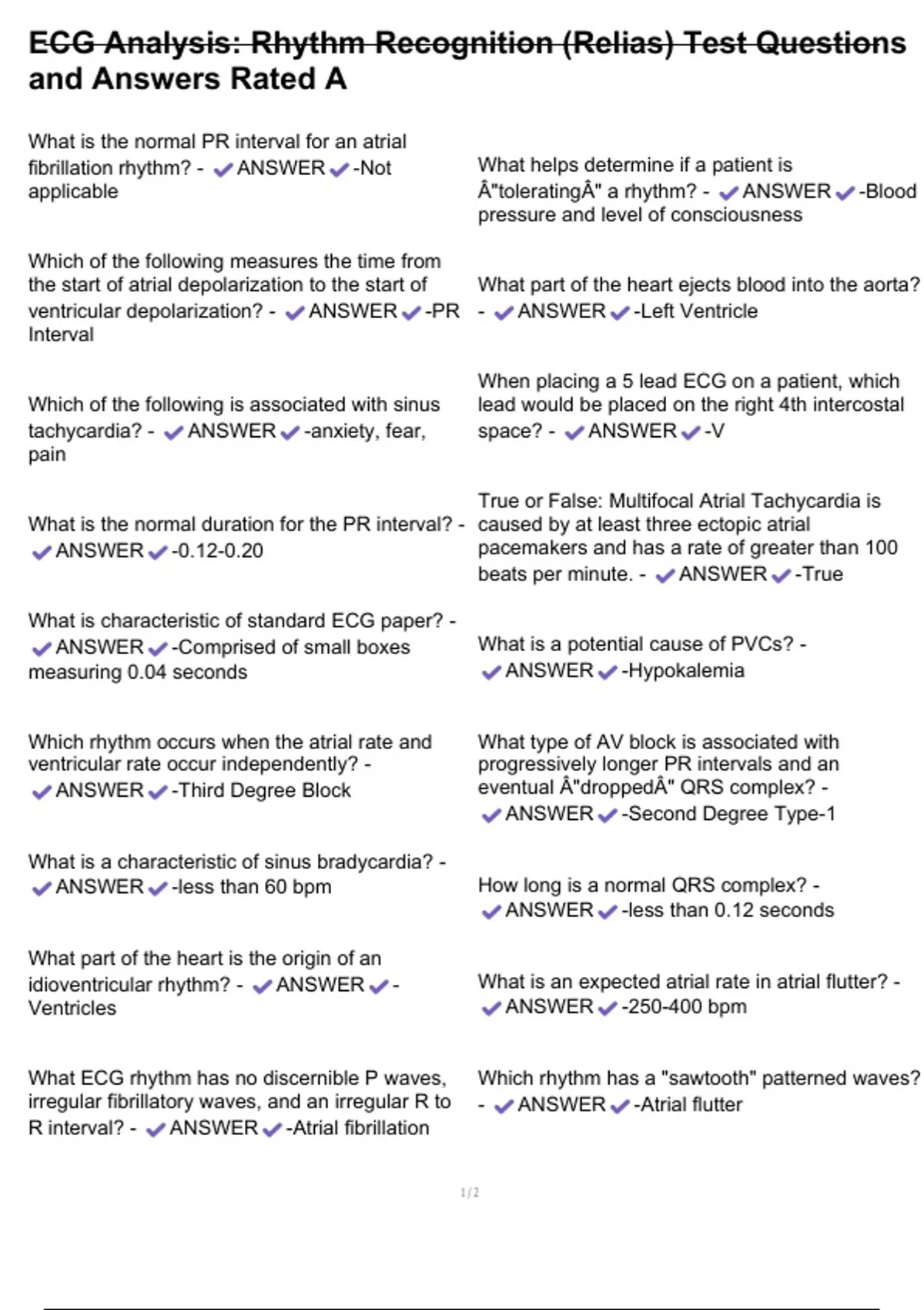 ECG Analysis: Rhythm Recognition (Relias) Test Questions and Answers ...