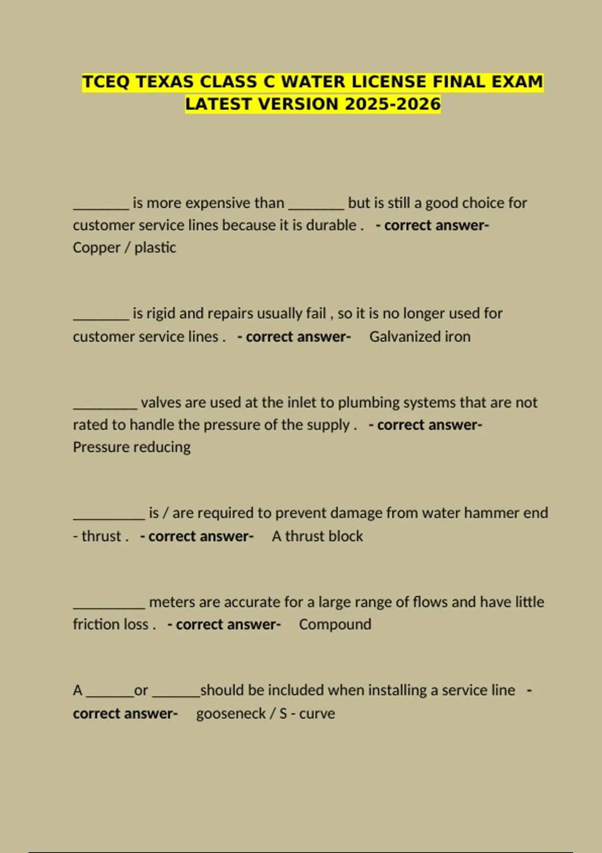 Tceq texas class c water license final exam latest version | questions ...