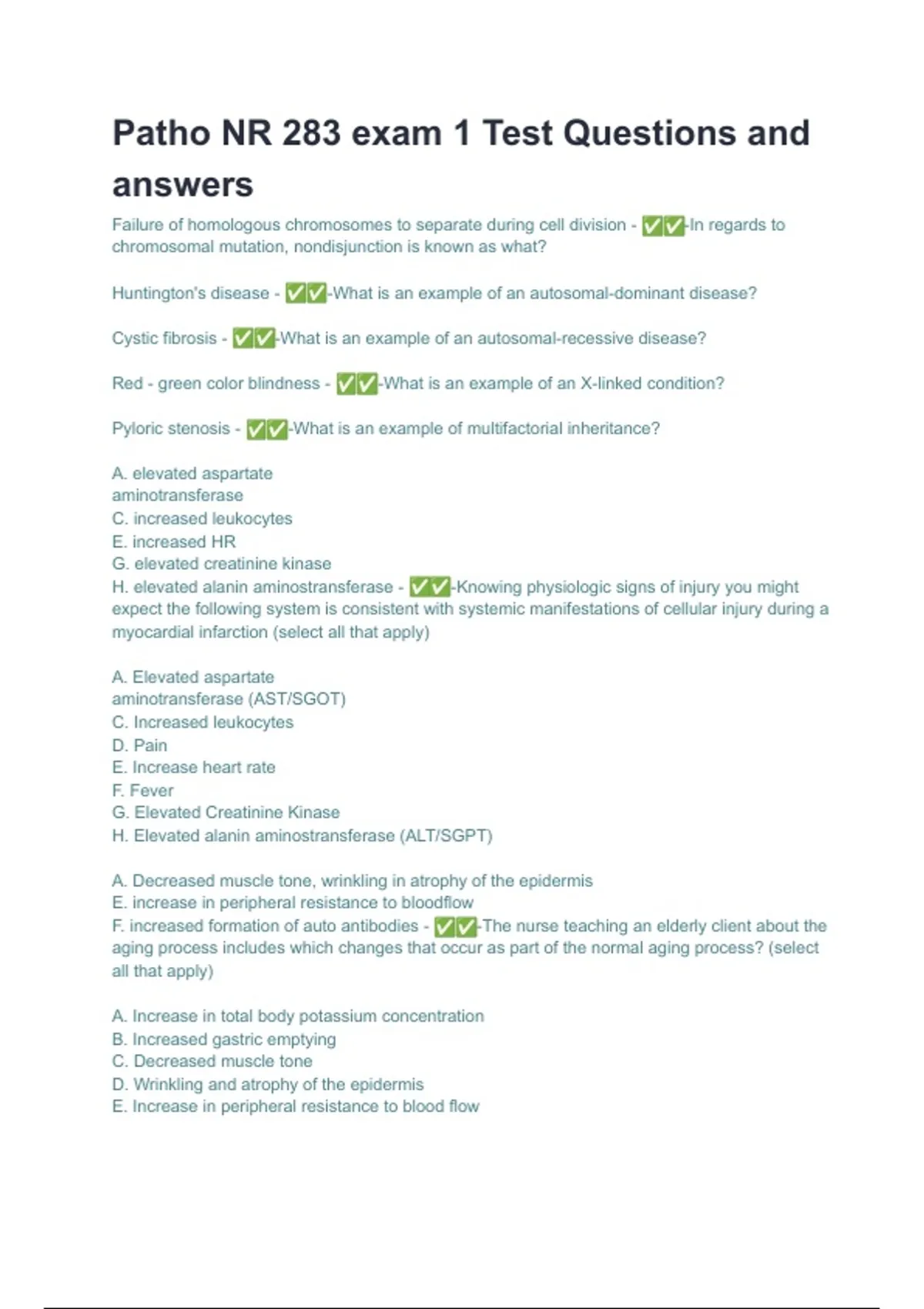 Patho NR 283 Exam 1 2025/2026 – Complete Questions with Answers and ...