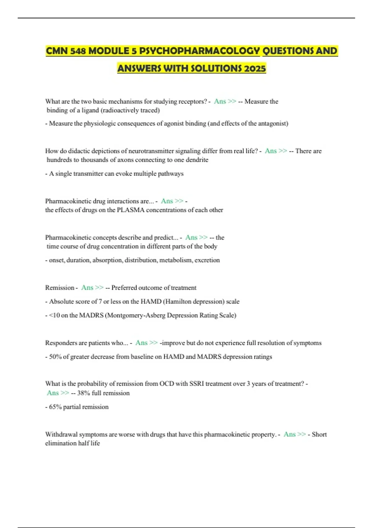 CMN 548 MODULE 5 PSYCHOPHARMACOLOGY QUESTIONS AND ANSWERS WITH ...
