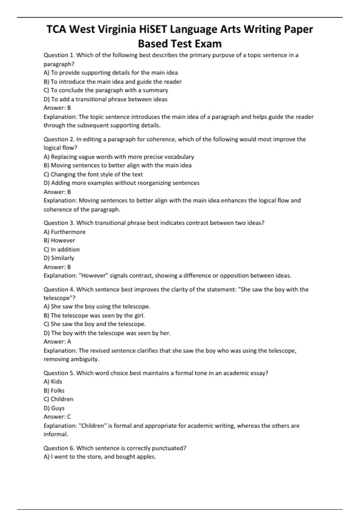 TCA West Virginia HiSET Language Arts Writing Paper Based Test Exam ...