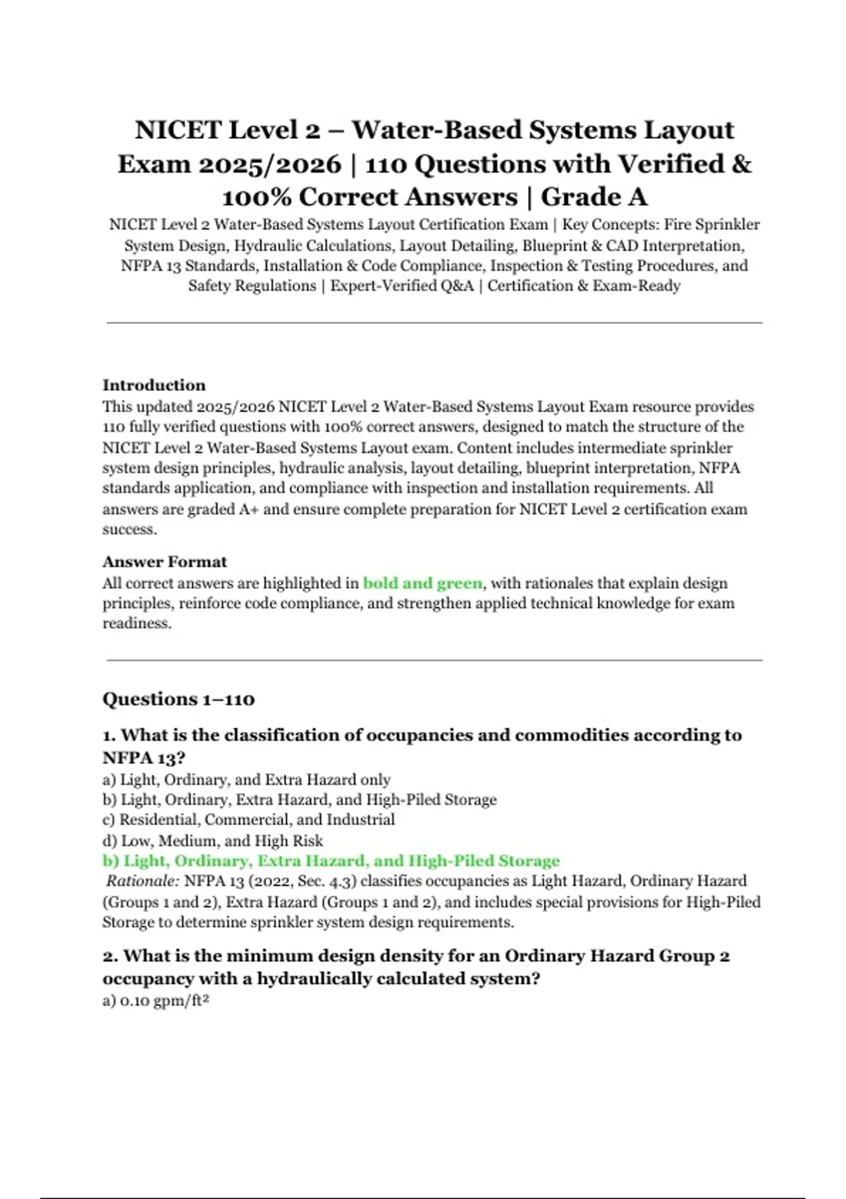 NICET Level 2 – Water-Based Systems Layout Exam 2025/2026 | Complete ...