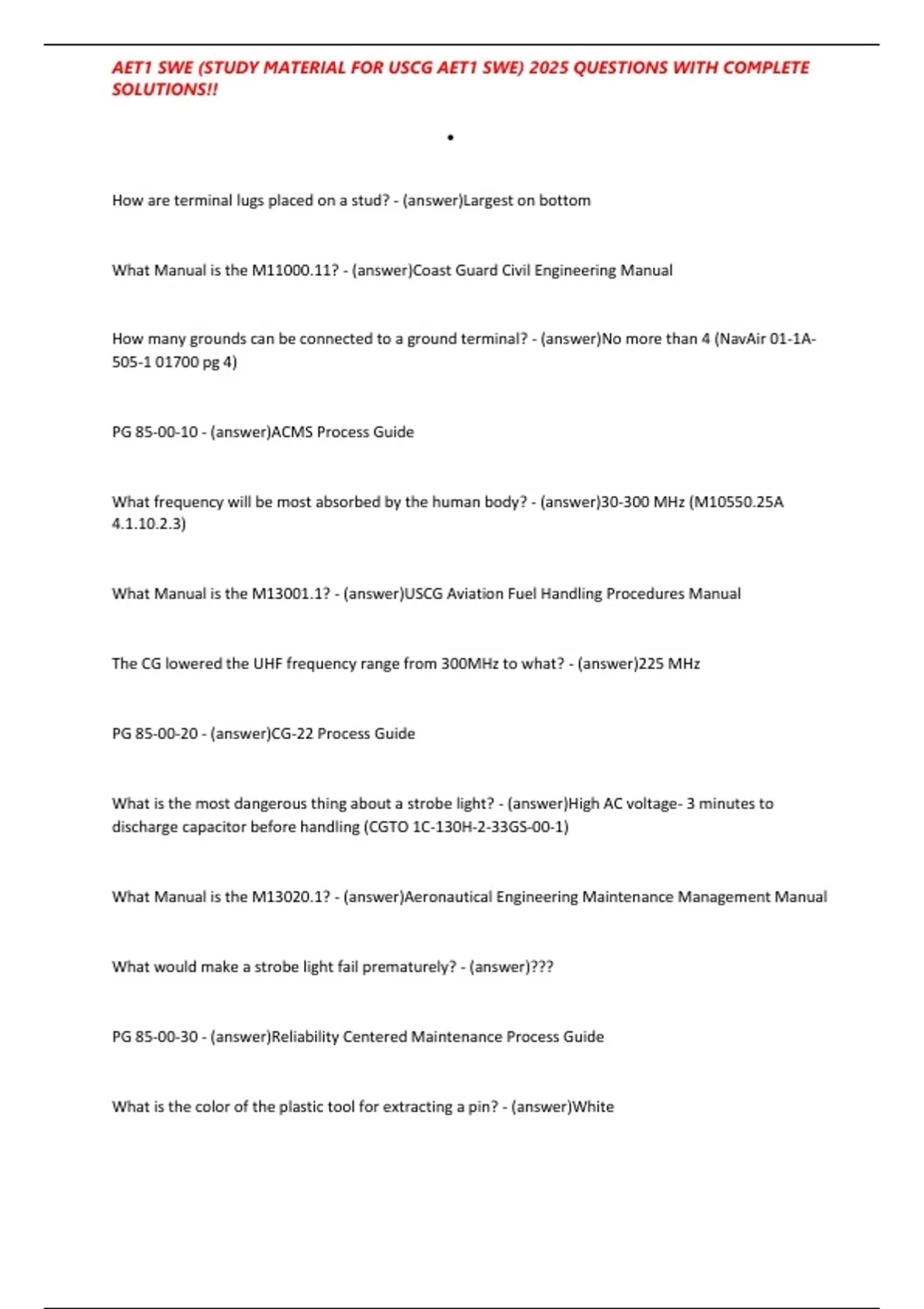 AET1 SWE (STUDY MATERIAL FOR USCG AET1 SWE) 2025 QUESTIONS WITH ...