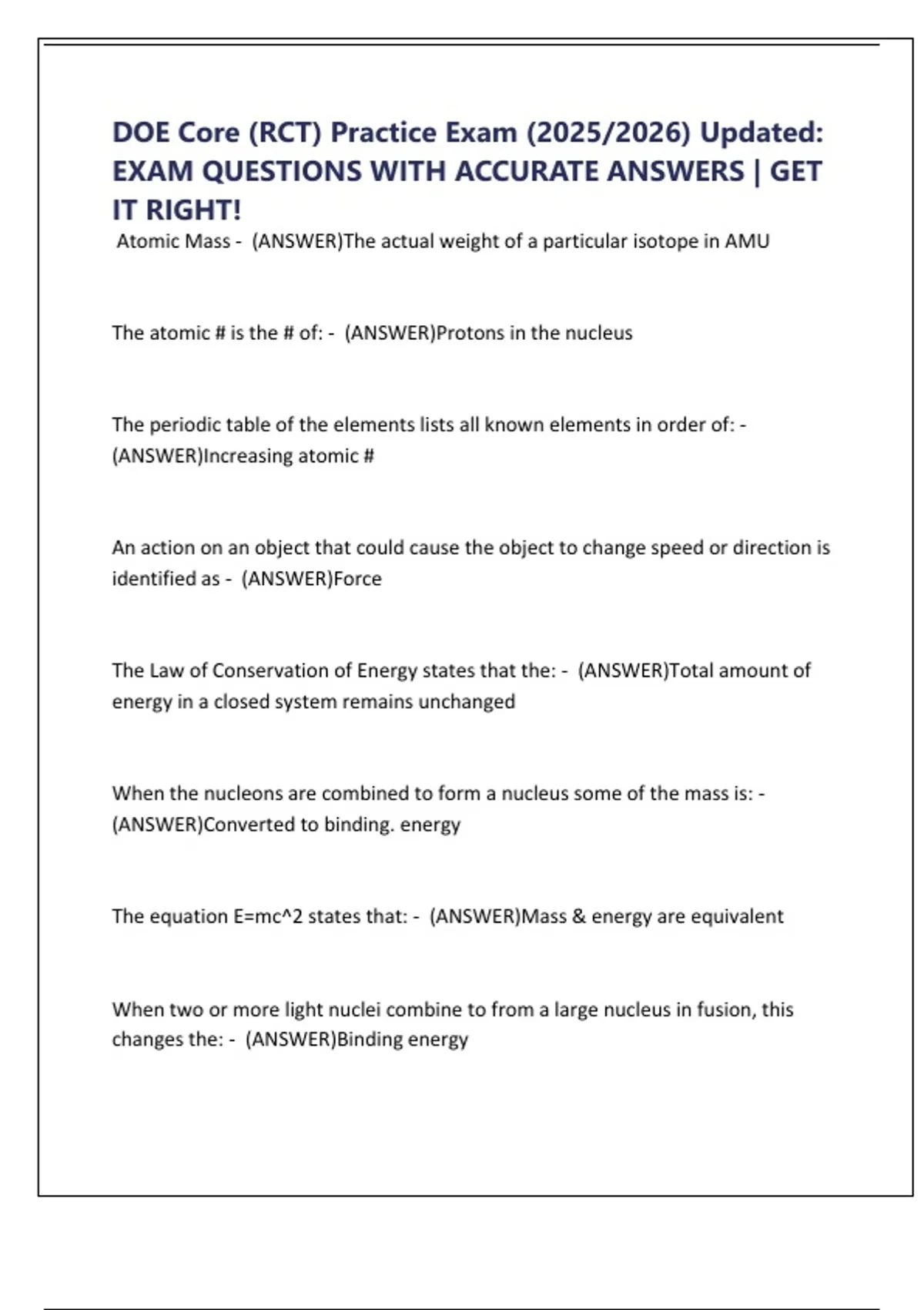 DOE Core (RCT) Practice Exam (2025/2026) Updated: EXAM QUESTIONS WITH ...