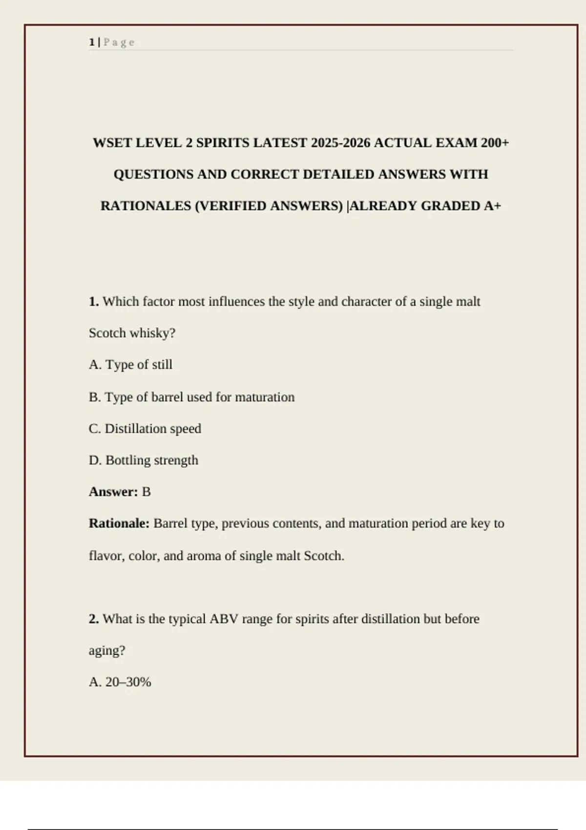 WSET LEVEL 2 SPIRITS LATEST ACTUAL EXAM 200+ QUESTIONS AND CORRECT ...