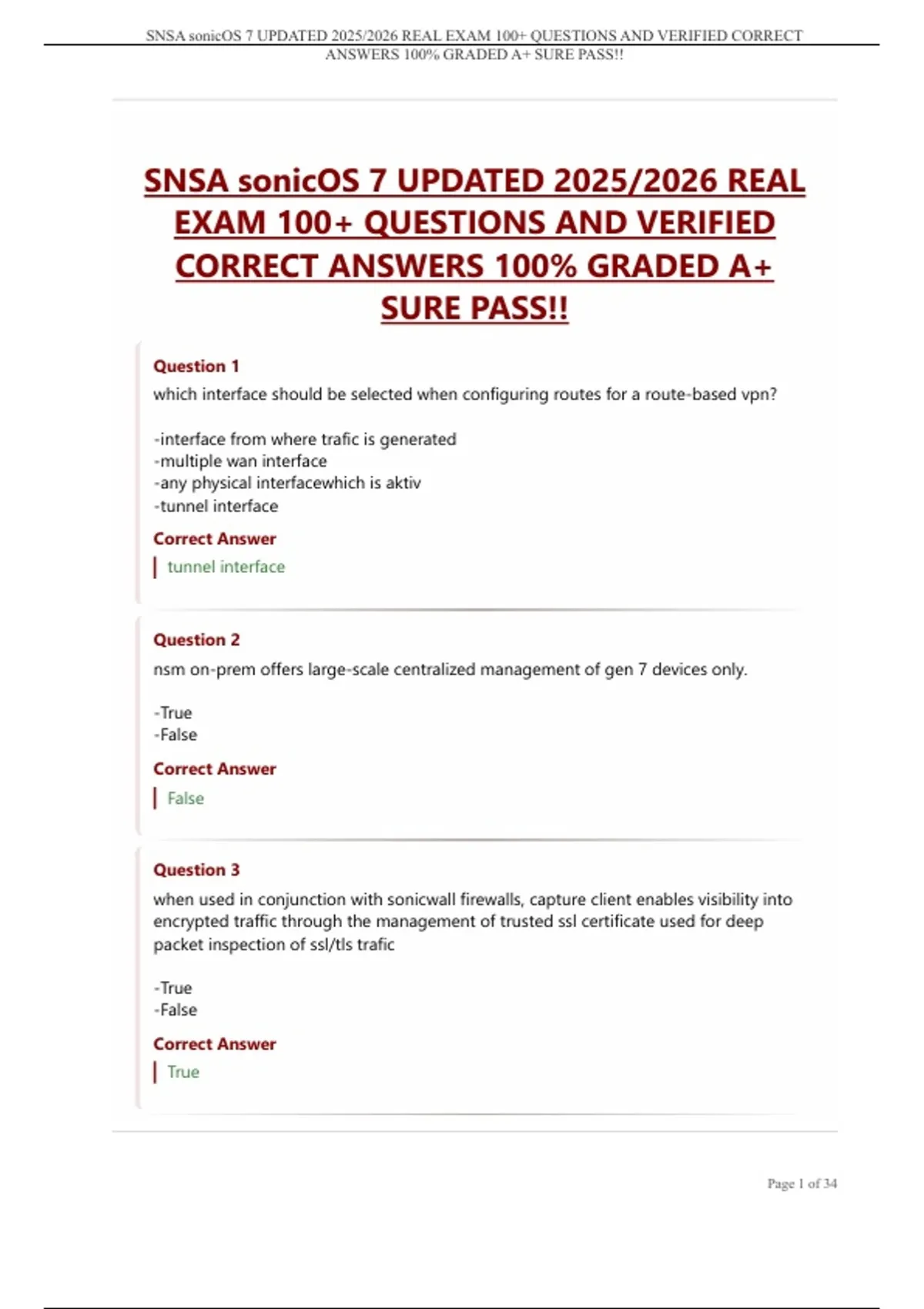 SNSA sonicOS 7 UPDATED 2025/2026 REAL EXAM 100+ QUESTIONS AND VERIFIED ...