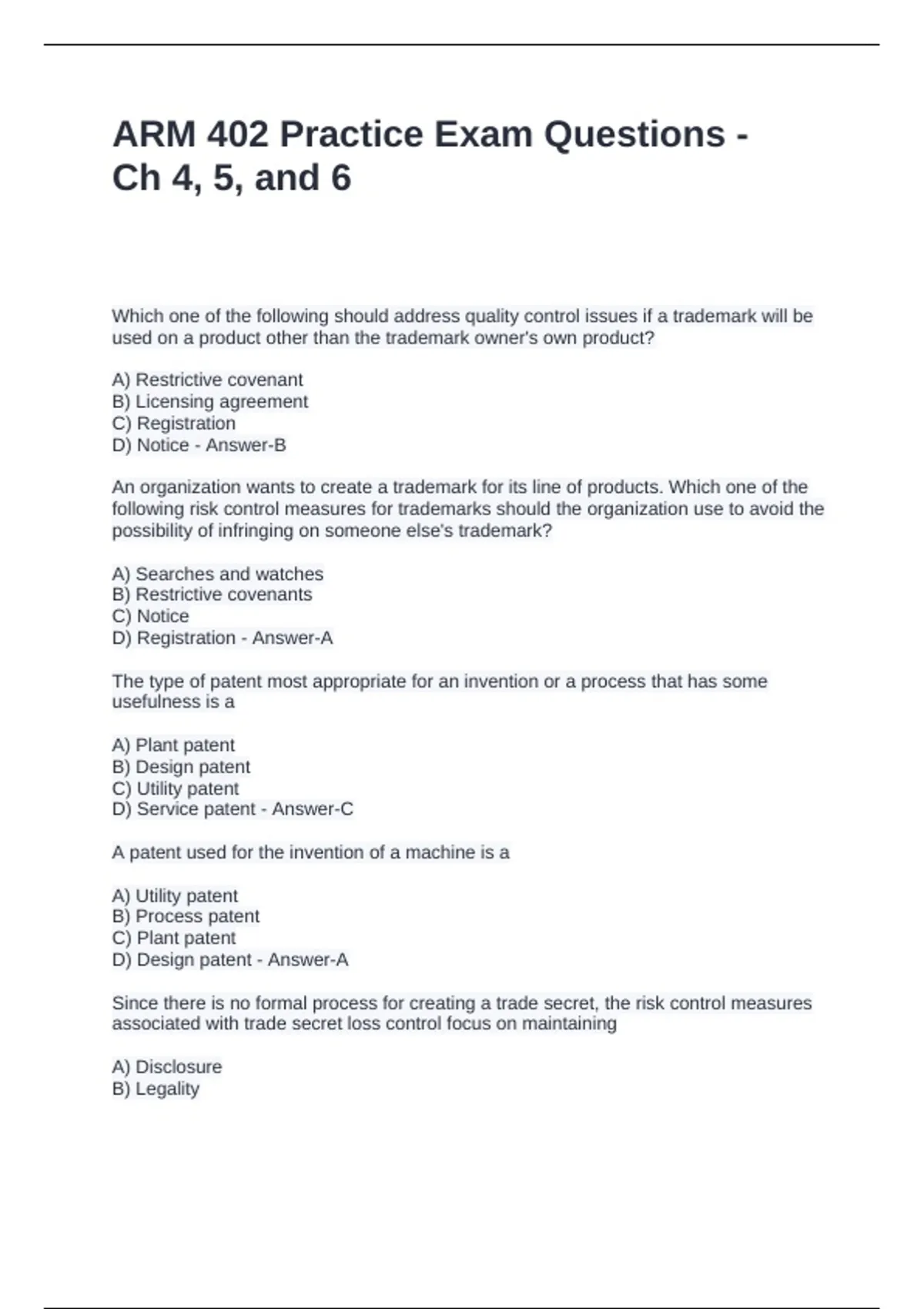 ARM 402 Practice Exam Questions with Correct Answers - Ch 4, 5, and 6 - ARM - Stuvia US