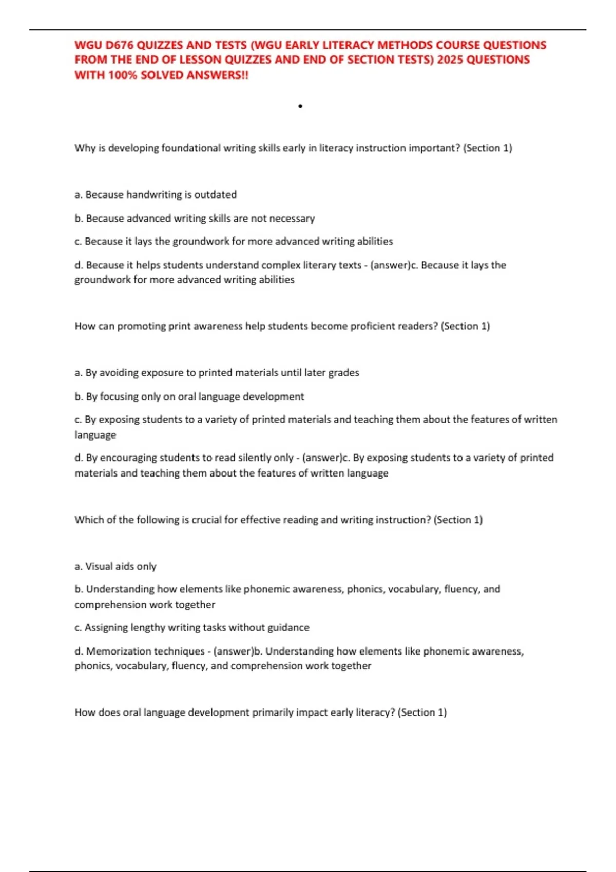 Wgu D676 Quizzes And Tests Wgu Early Literacy Methods Course Questions