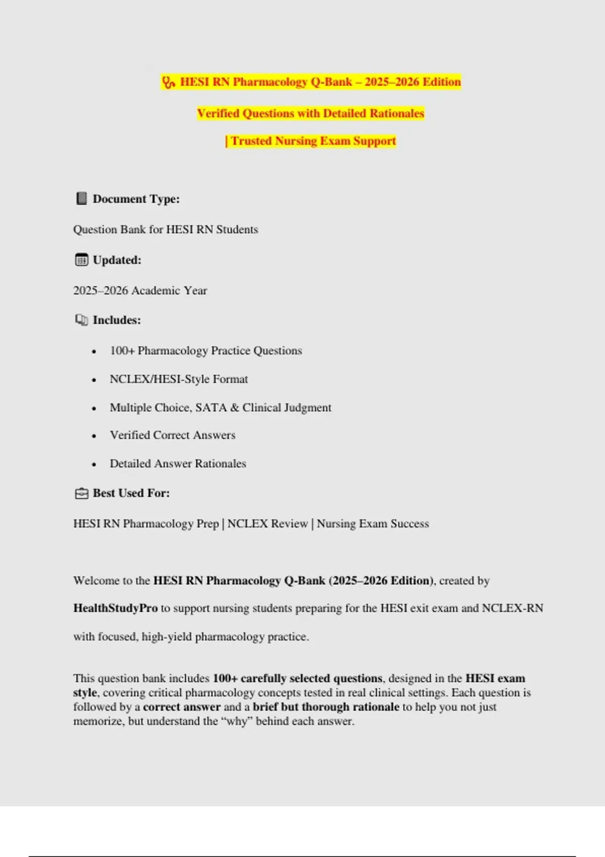 HESI RN Pharmacology Q-Bank – 2025–2026 Edition Verified Questions with ...