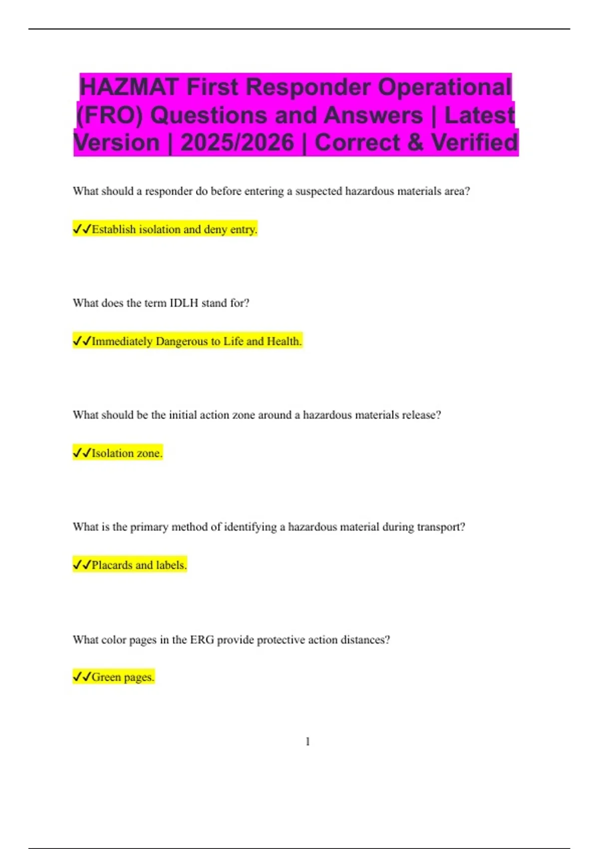 HAZMAT First Responder Operational (FRO) Questions and Answers | Latest ...