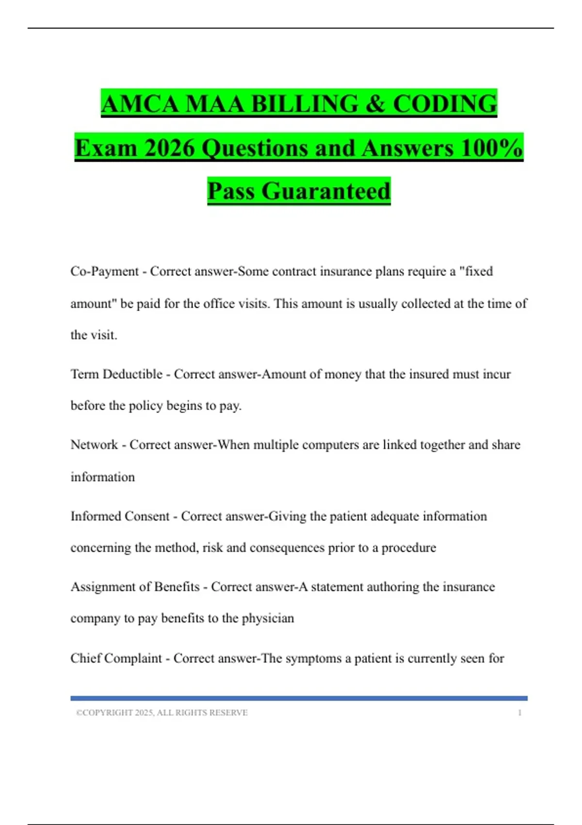 AMCA MAA BILLING & CODING Exam 2026 Questions and Answers 100% Pass ...