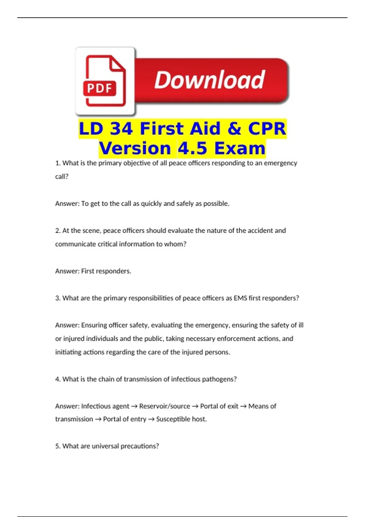 LD 34 First Aid & CPR Version 4.5 Exam – 2025/2026 Updated Test ...
