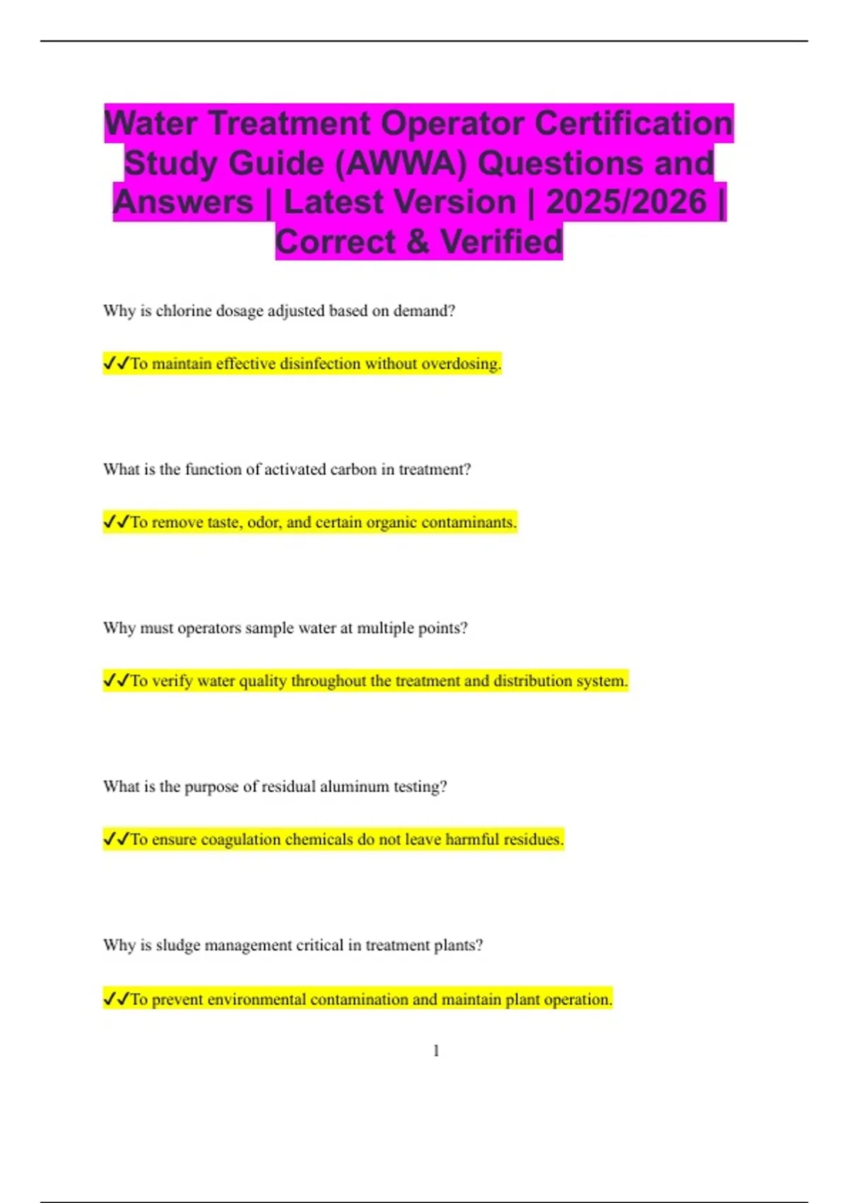 Water Treatment Operator Certification Study Guide (AWWA) Questions and ...