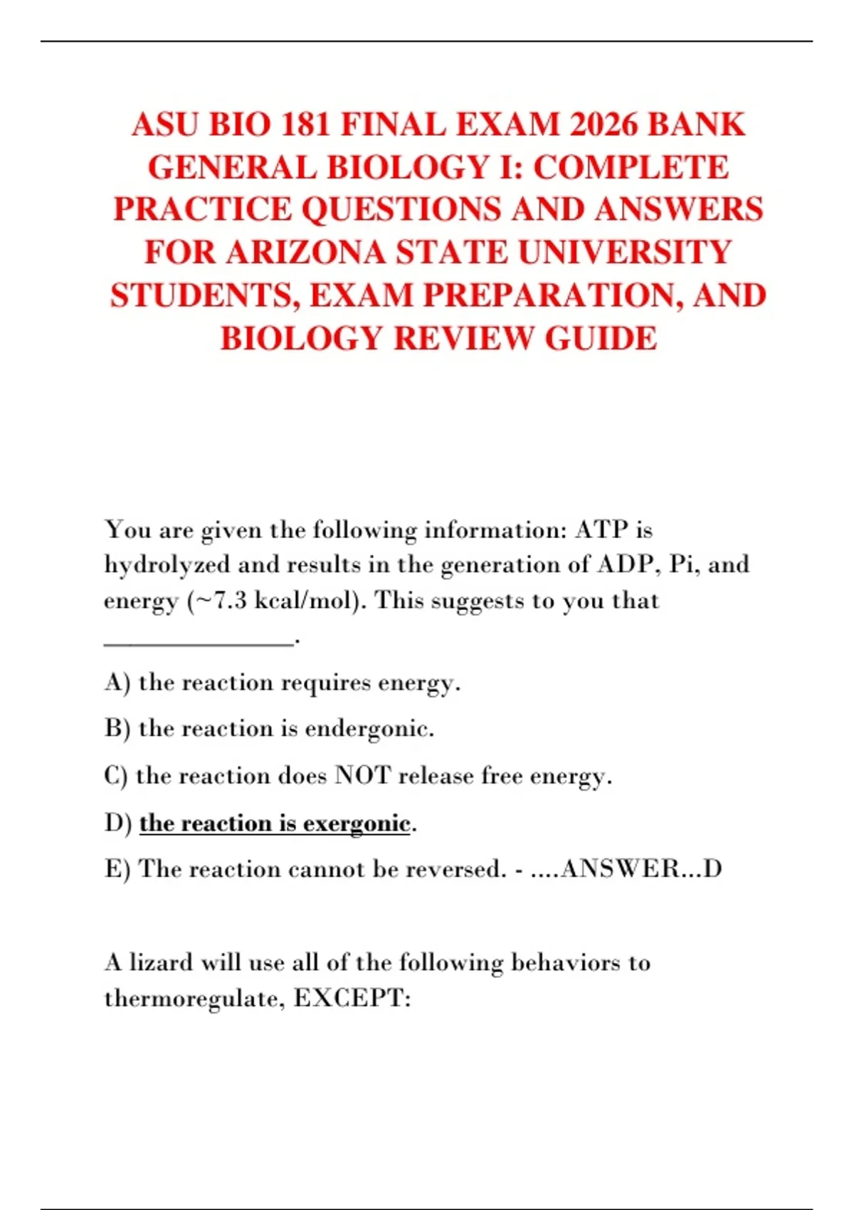 ASU BIO 181 FINAL EXAM 2026 BANK GENERAL BIOLOGY I: COMPLETE PRACTICE ...